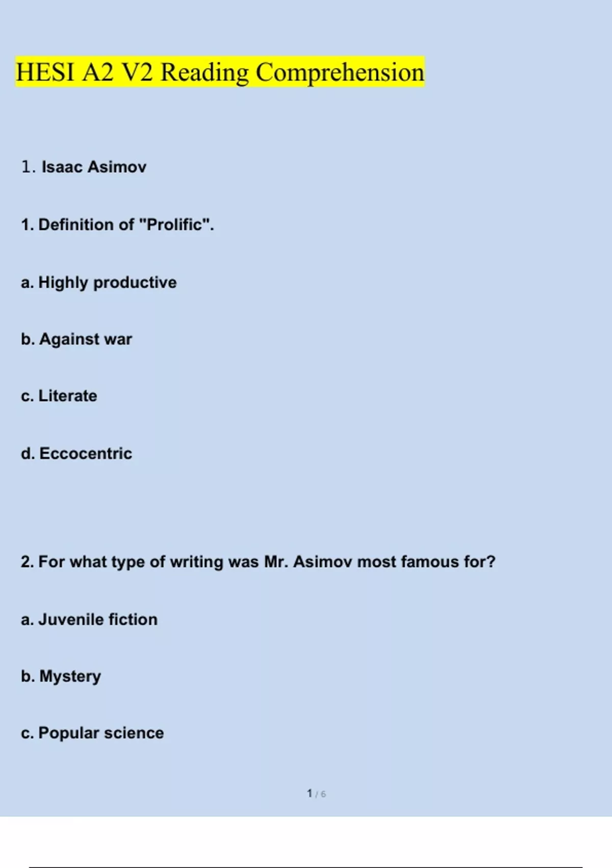 HESI A2 V2 Reading Comprehension With Complete Solution 2024/2025 - HESI A2 a&p V2 - Stuvia US