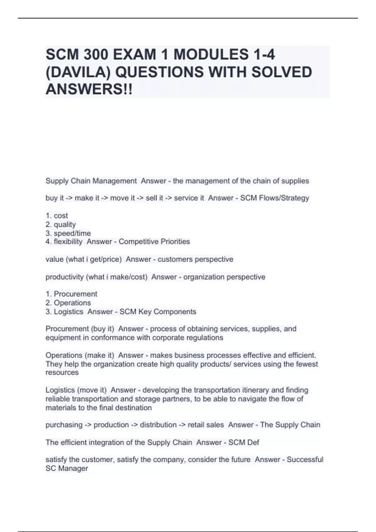 SCM 300 EXAM 1 MODULES 1-4 (DAVILA) QUESTIONS WITH SOLVED ANSWERS!! - SCM 300 - Stuvia US