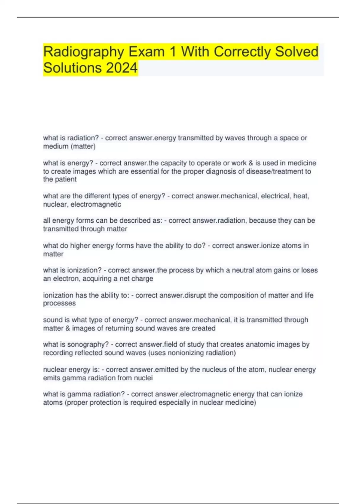 Radiography Exam 1 With Correctly Solved Solutions 2024 - Radiography ...