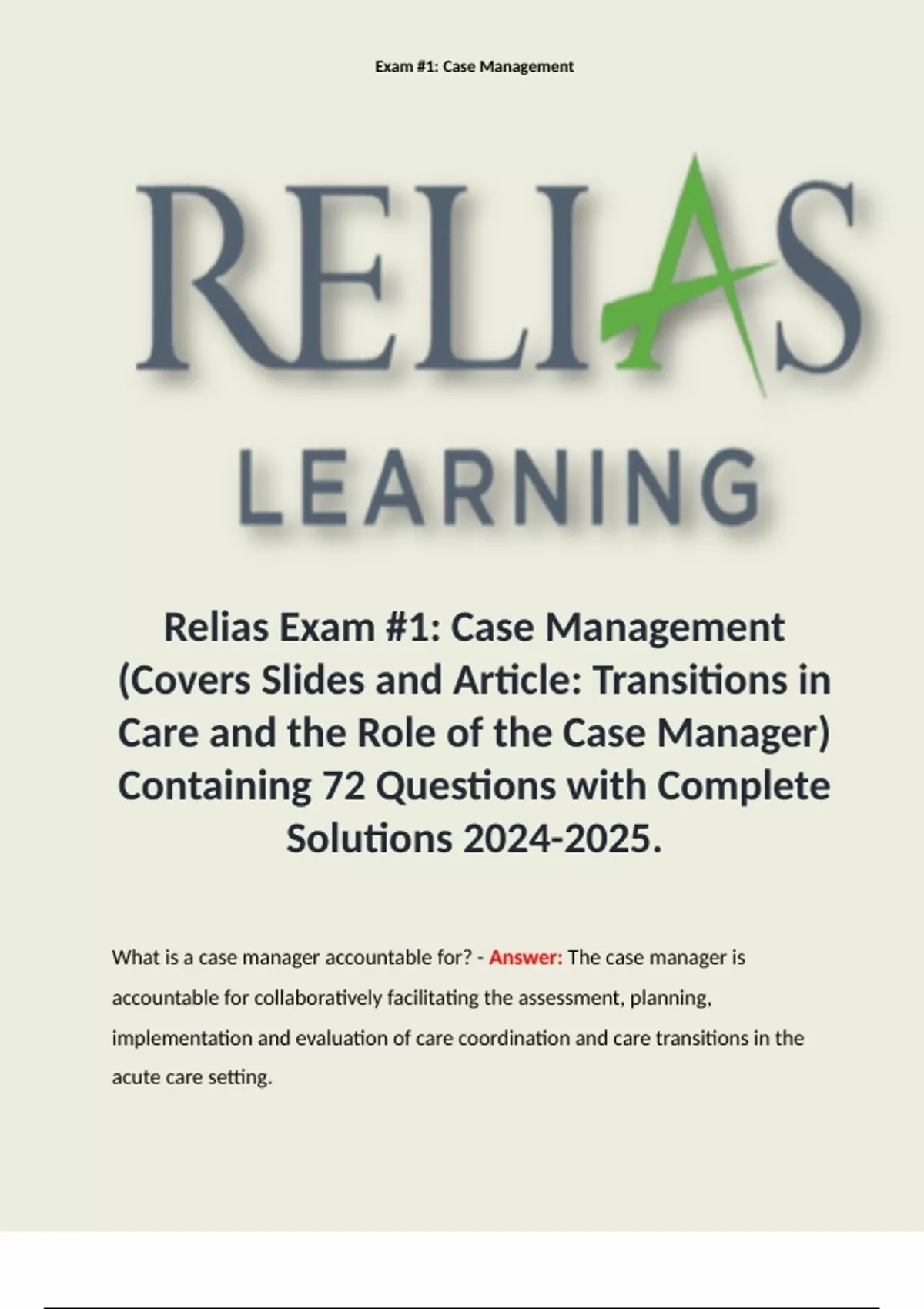 Relias Exam #1: Case Management (Covers Slides and Article: Transitions ...