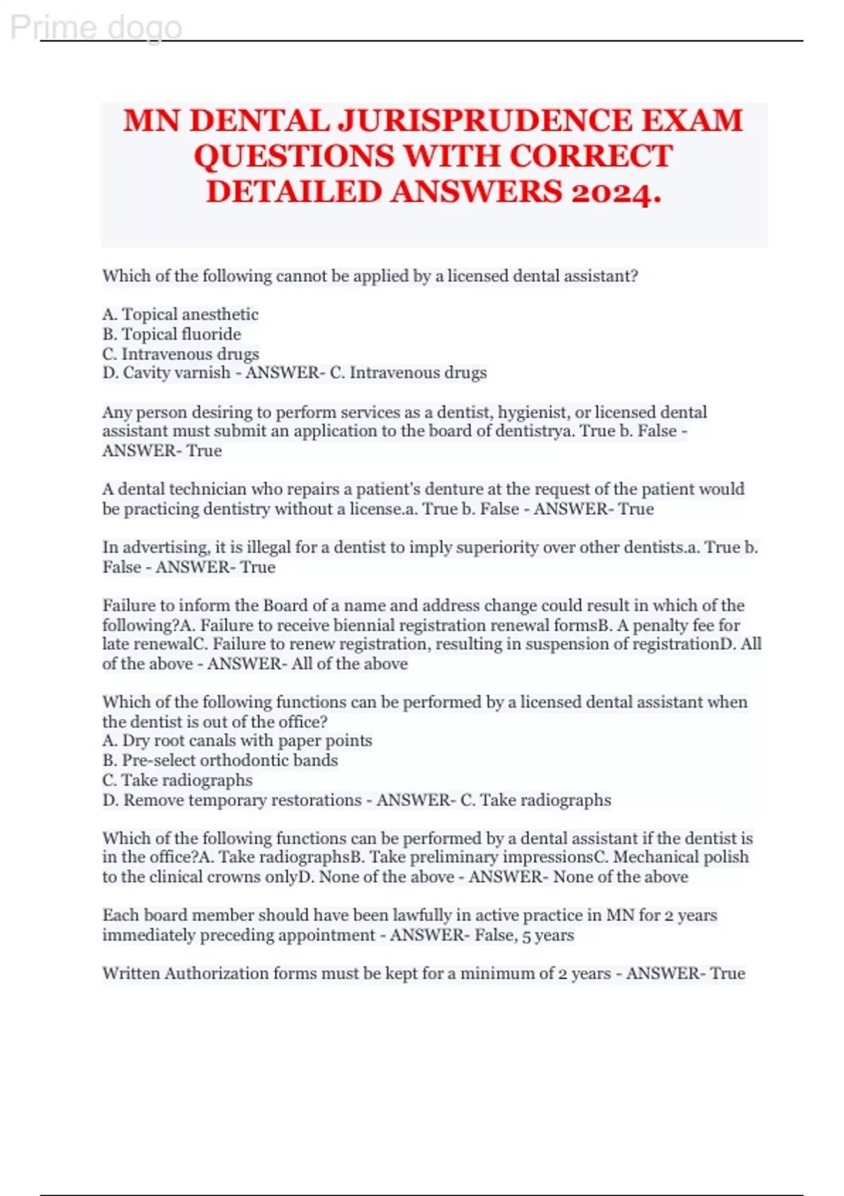 MN DENTAL JURISPRUDENCE EXAM QUESTIONS WITH CORRECT DETAILED ANSWERS ...