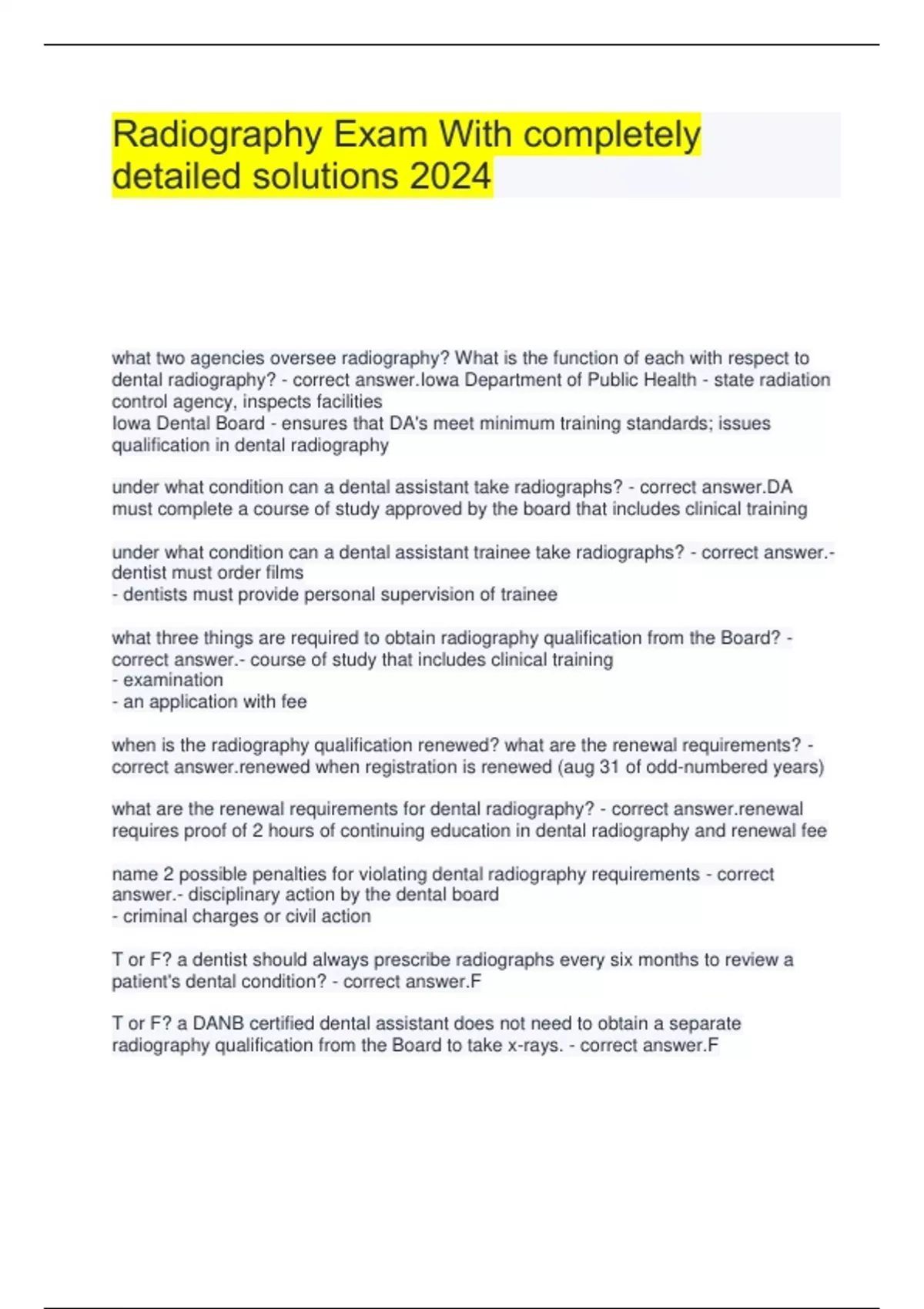 Radiography Exam With completely detailed solutions 2024 - Radiography ...