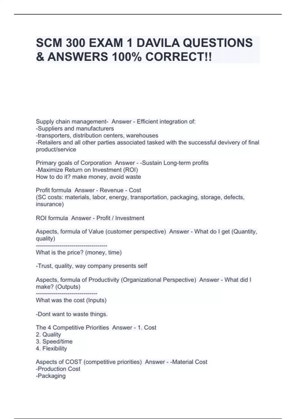 SCM 300 EXAM 1 DAVILA QUESTIONS & ANSWERS 100% CORRECT!! - SCM 300 ...