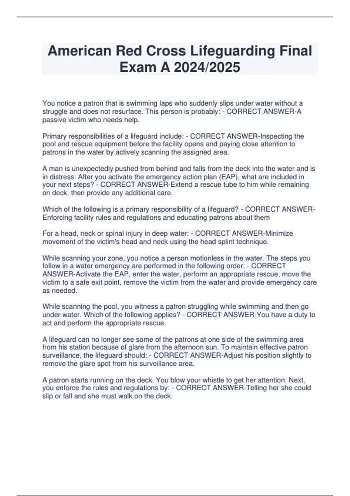 American Red Cross Lifeguarding Final Exam A 2024/2025 - Red cross ...