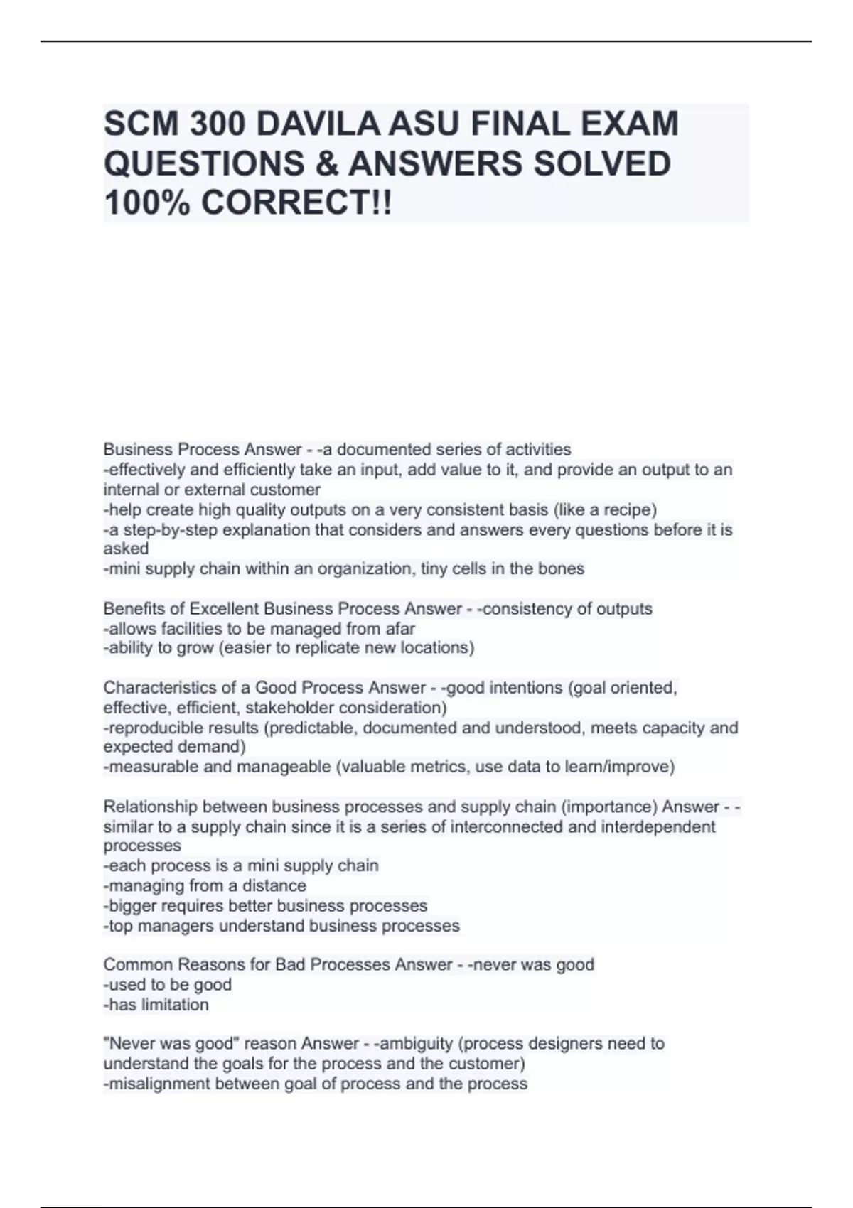 SCM 300 DAVILA ASU FINAL EXAM QUESTIONS & ANSWERS SOLVED 100% CORRECT ...