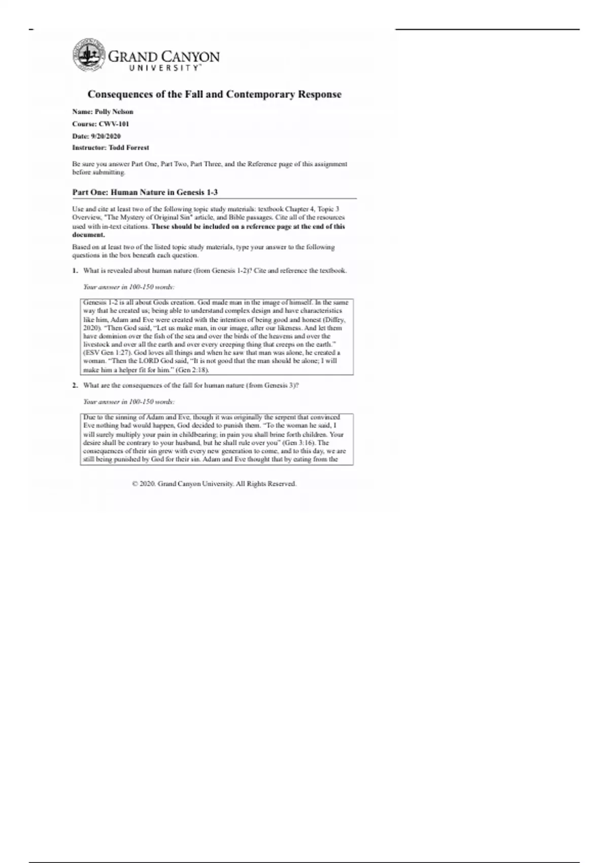 CWV-101 T3 Consequences of the Fall Contemporary Response Worksheet 100 ...