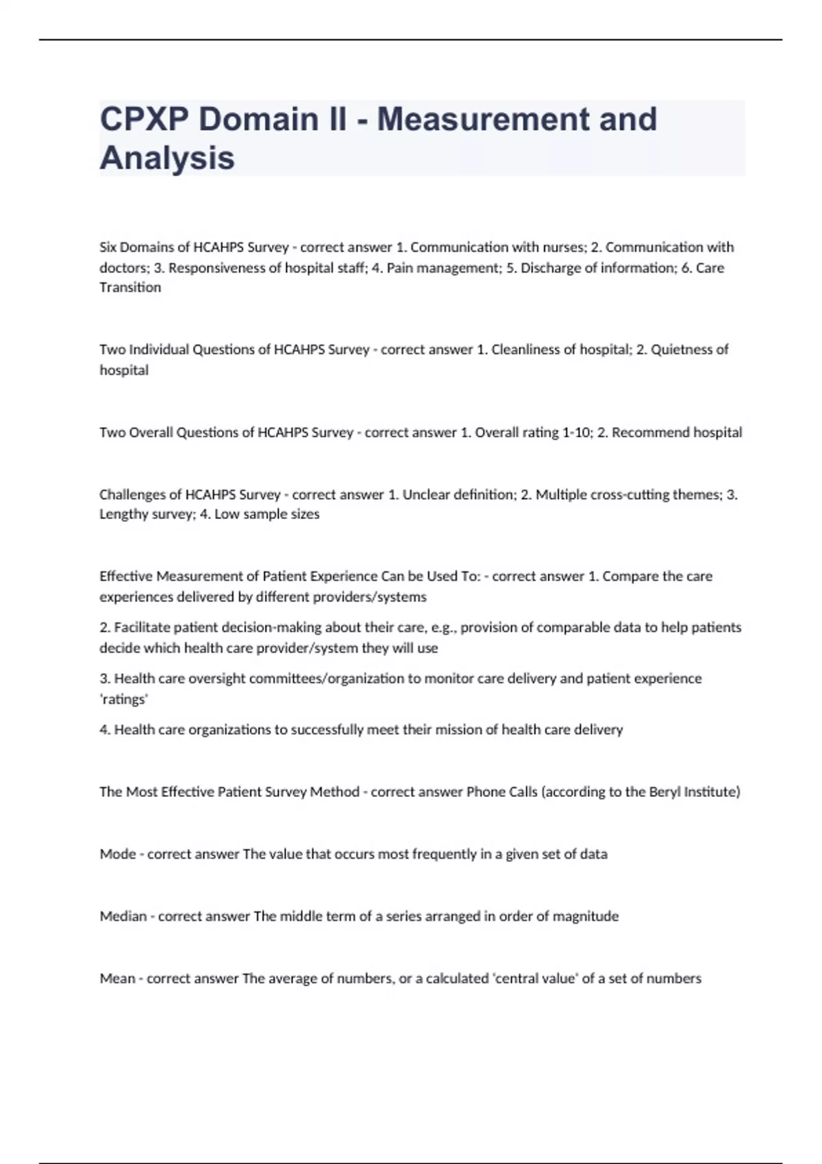 CPXP Domain II - Measurement and Analysis Questions with complete ...