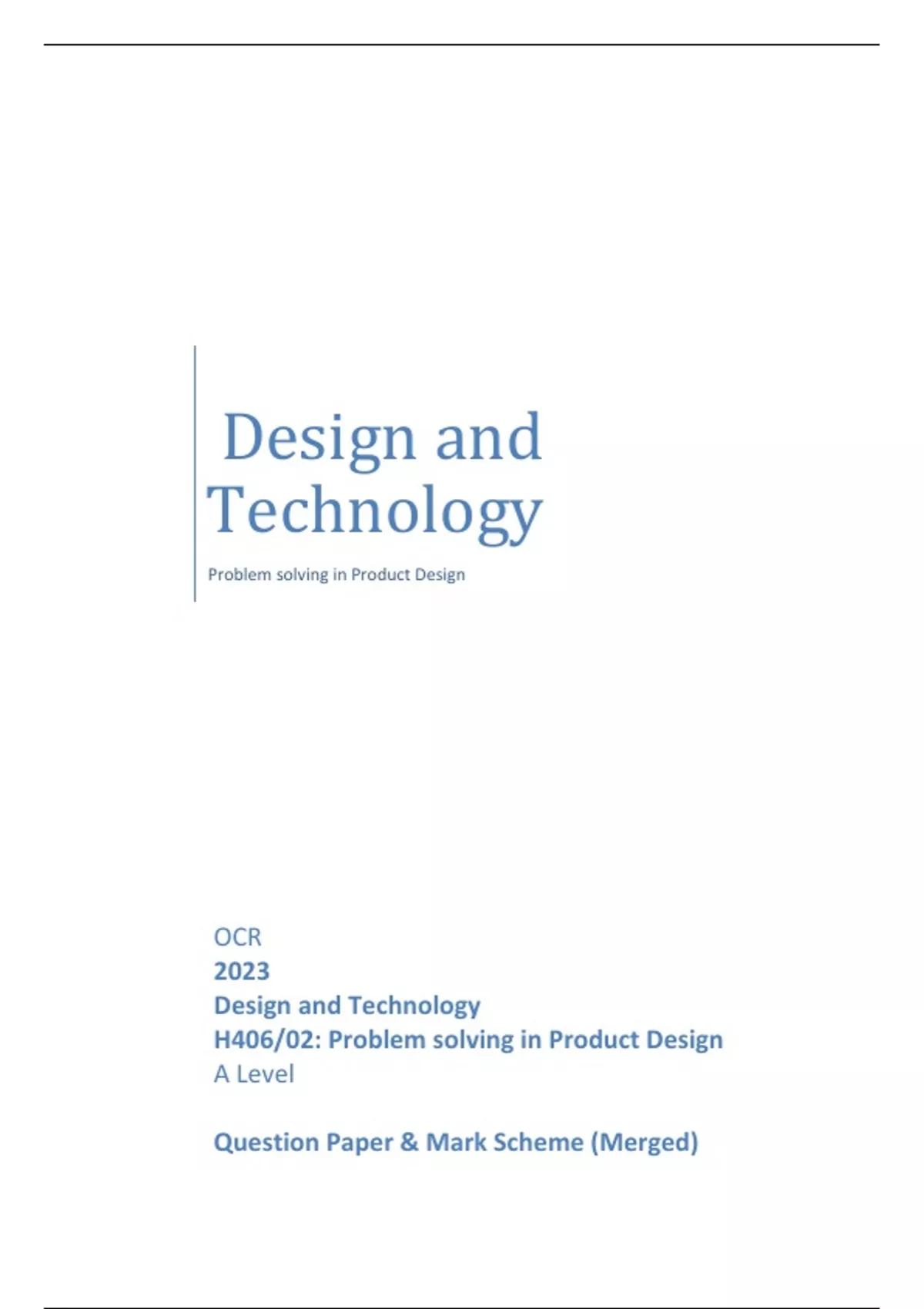 OCR 2023 Design and Technology H406/02: Problem solving in Product Design A Level Question Paper ...