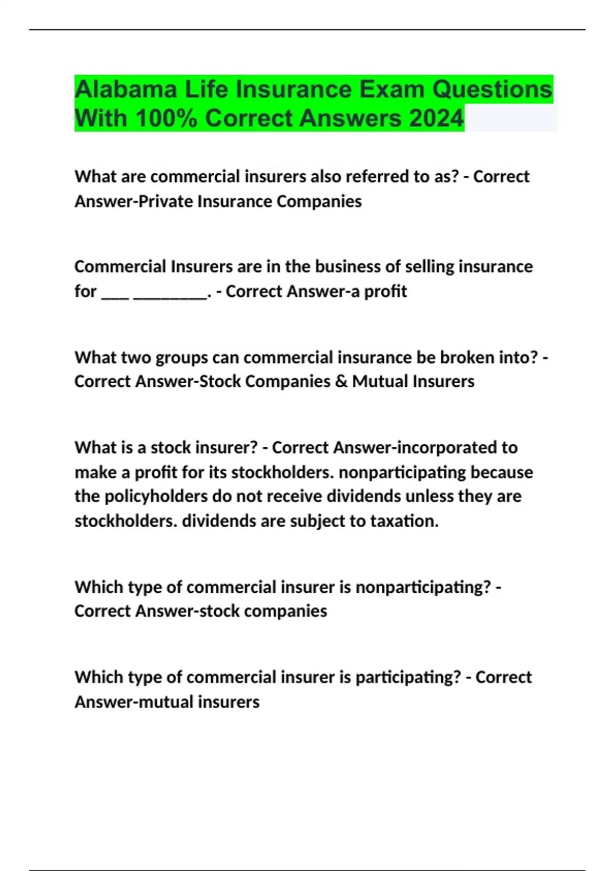 Alabama Life Insurance Exam Questions With 100% Correct Answers 2024 ...