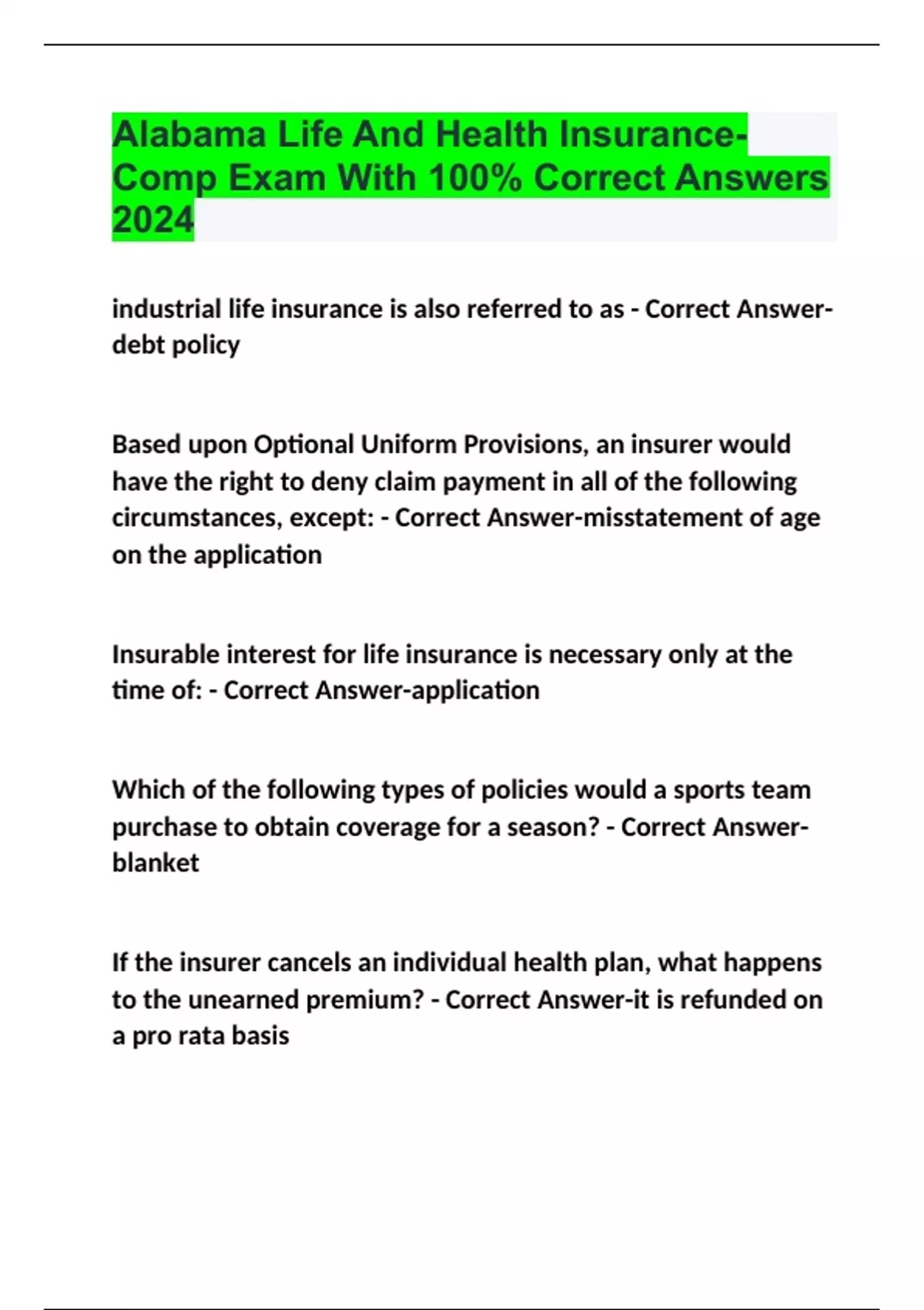Alabama Life And Health Insurance- Comp Exam With 100% Correct Answers ...