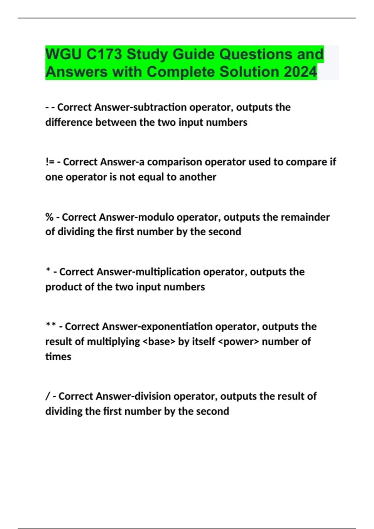 WGU C173 Study Guide Questions and Answers with Complete Solution 2024 - WGU C173 - Stuvia US