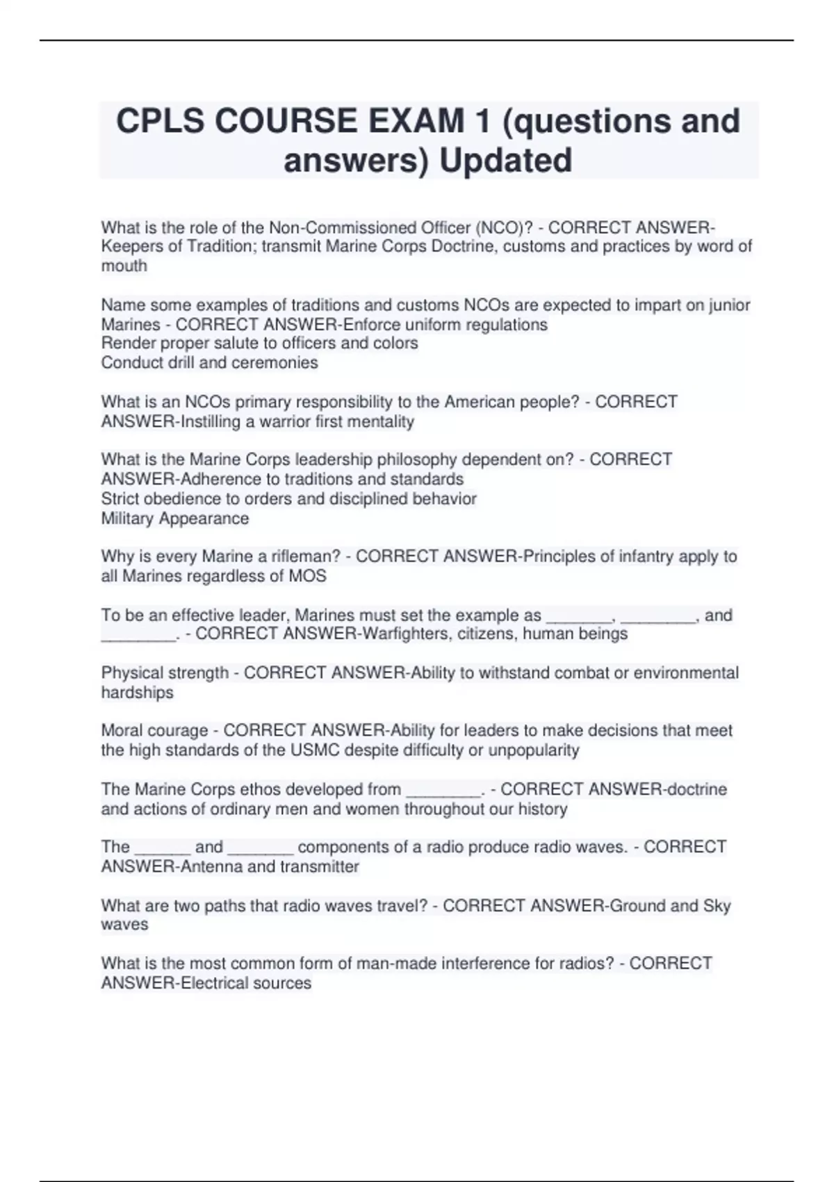Cpls Course Exam 1 Questions And Answers Updated Corporals Course Stuvia Us