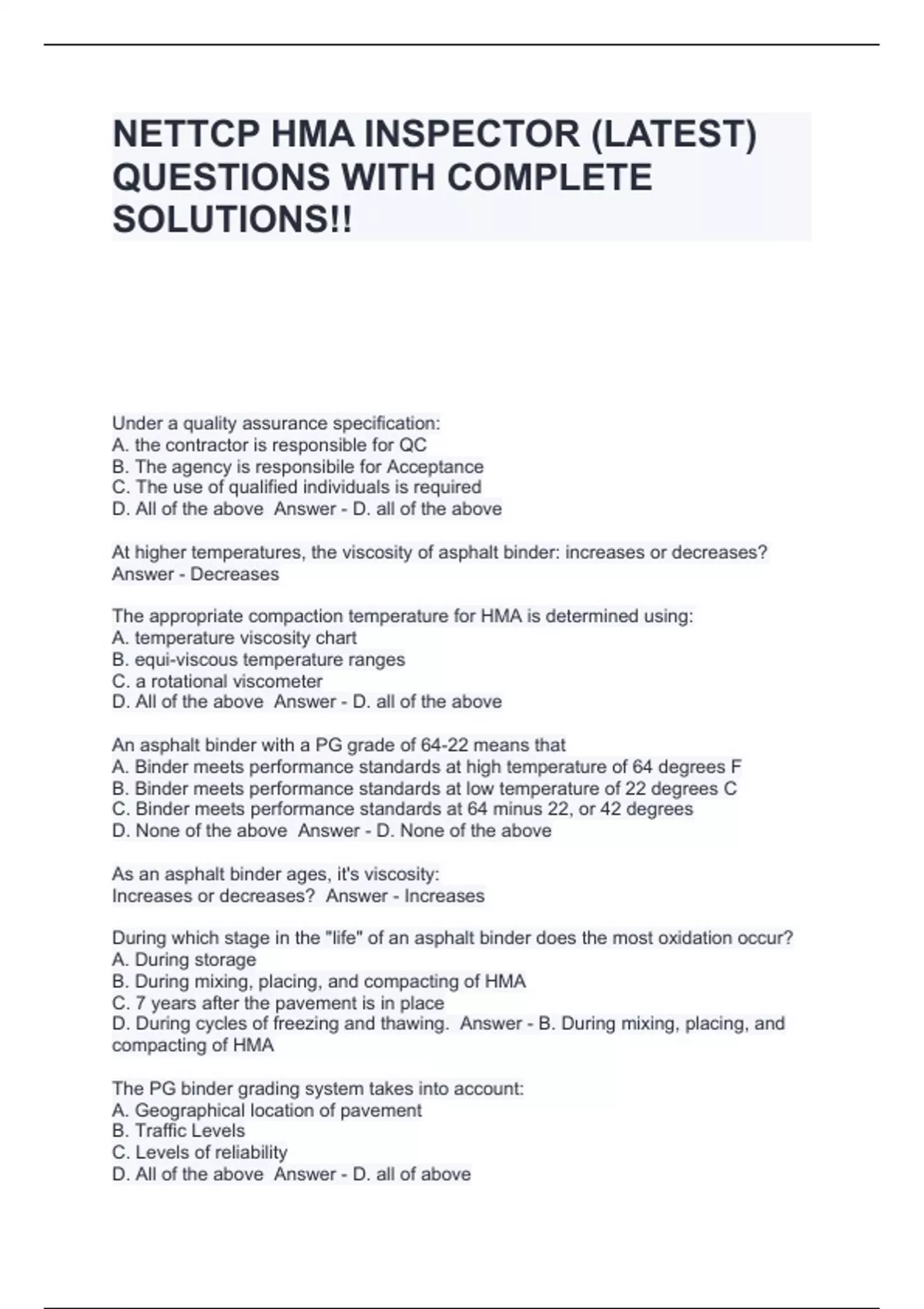 NETTCP HMA INSPECTOR (LATEST) QUESTIONS WITH COMPLETE SOLUTIONS ...