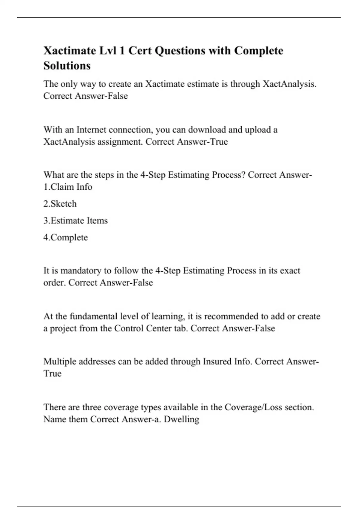 Xactimate Lvl 1 Cert Questions with Complete Solutions - Xactimate ...