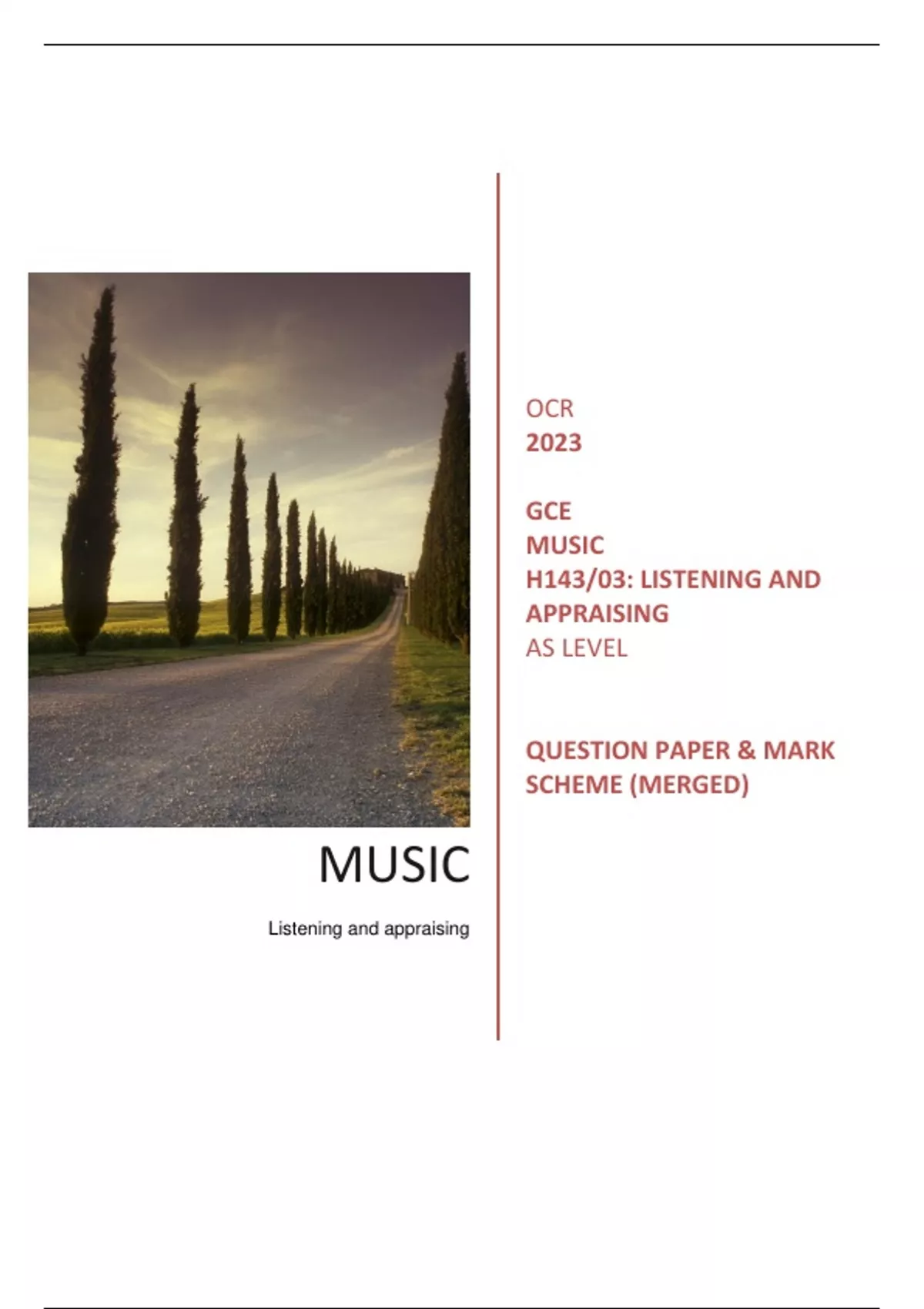 OCR 2023 GCE MUSIC H143/03: LISTENING AND APPRAISING AS LEVEL QUESTION ...