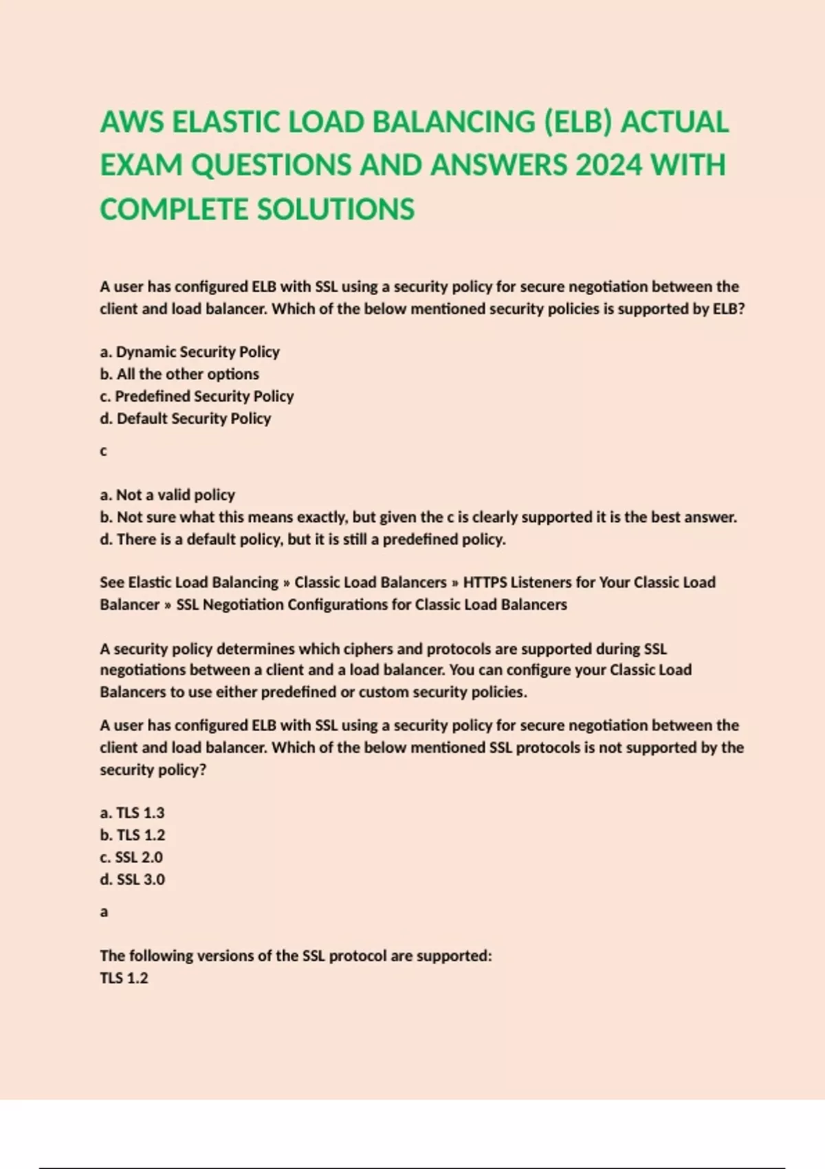 AWS ELASTIC LOAD BALANCING (ELB) ACTUAL EXAM QUESTIONS AND ANSWERS 2024 WITH COMPLETE SOLUTIONS ...