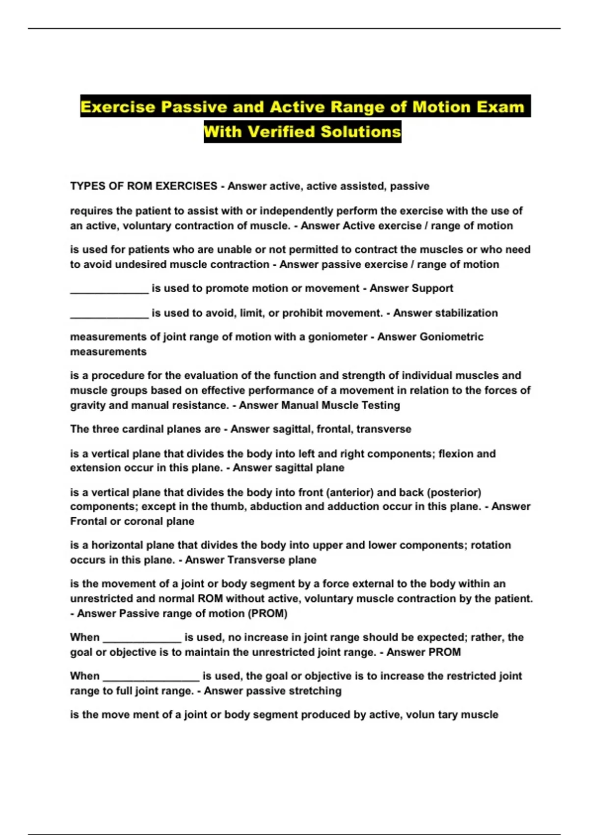 Exercise Passive and Active Range of Motion Exam With Verified Solutions - Exercise Passive and ...