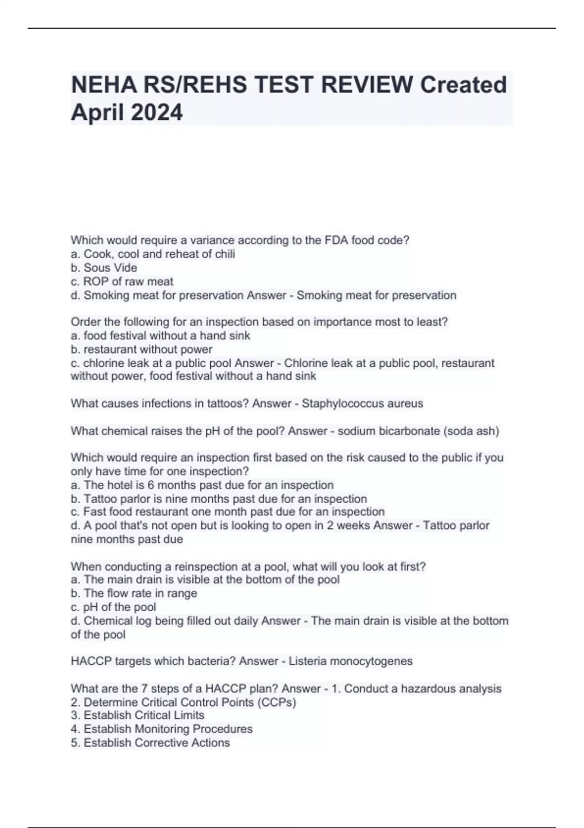 NEHA RS/REHS TEST REVIEW Created April 2024 - NEHA RS/REHS - Stuvia US