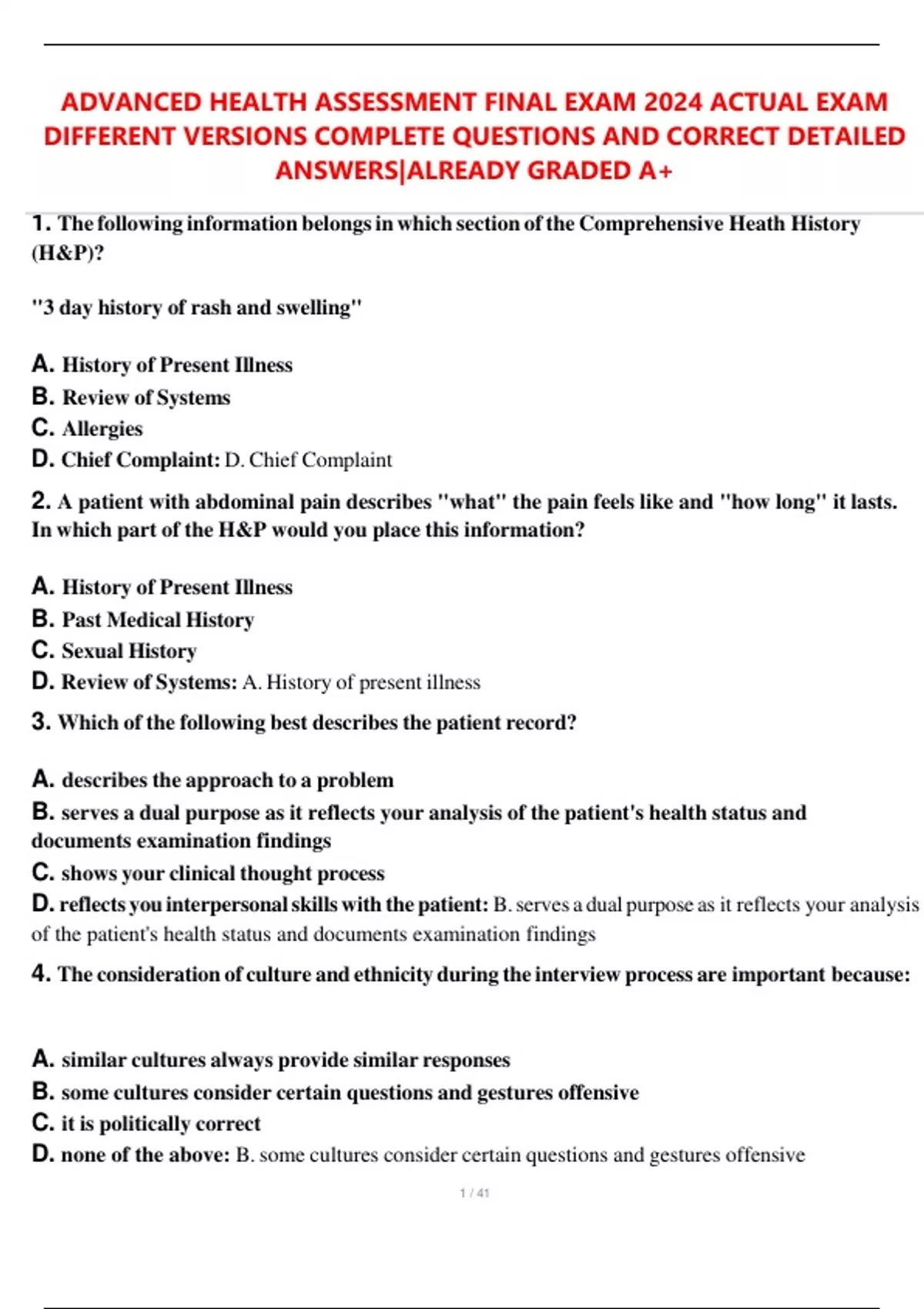 ADVANCED HEALTH ASSESSMENT FINAL EXAM 2024 ACTUAL EXAM DIFFERENT ...