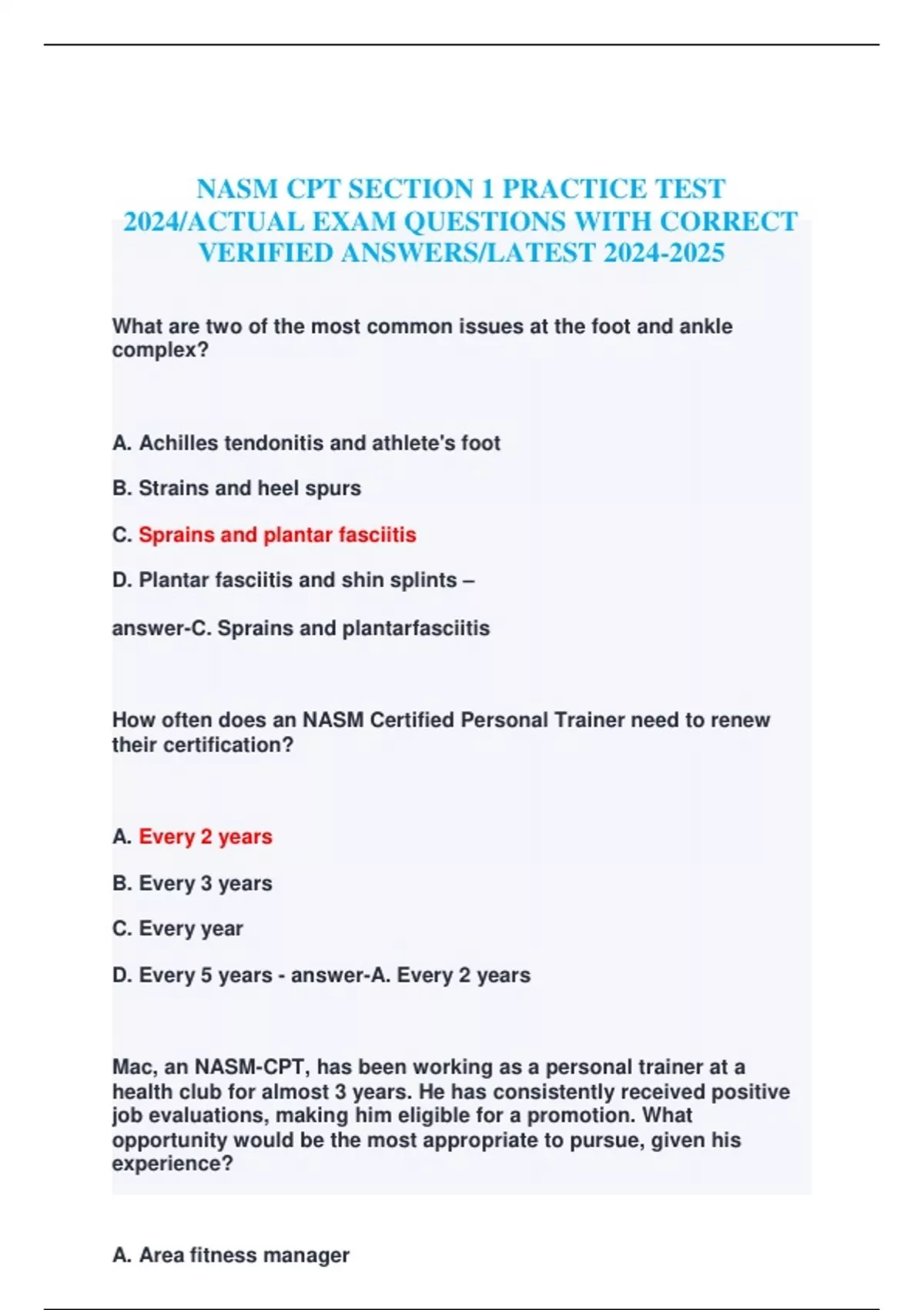 NASM CPT SECTION 1 PRACTICE TEST 2024/ACTUAL EXAM QUESTIONS WITH ...
