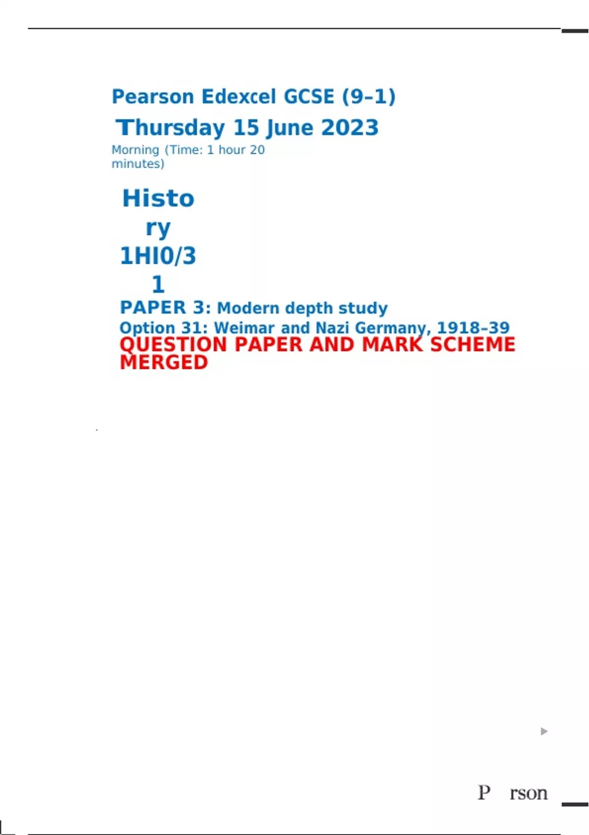 Pearson Edexcel Gcse 9 1 History 1hi0 31 Paper 3 Modern Depth Study