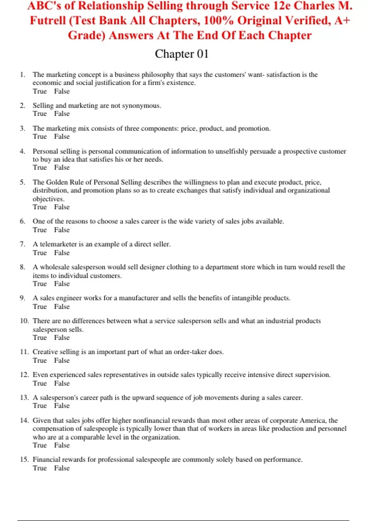 Test Bank for ABC's of Relationship Selling through Service 12th ...