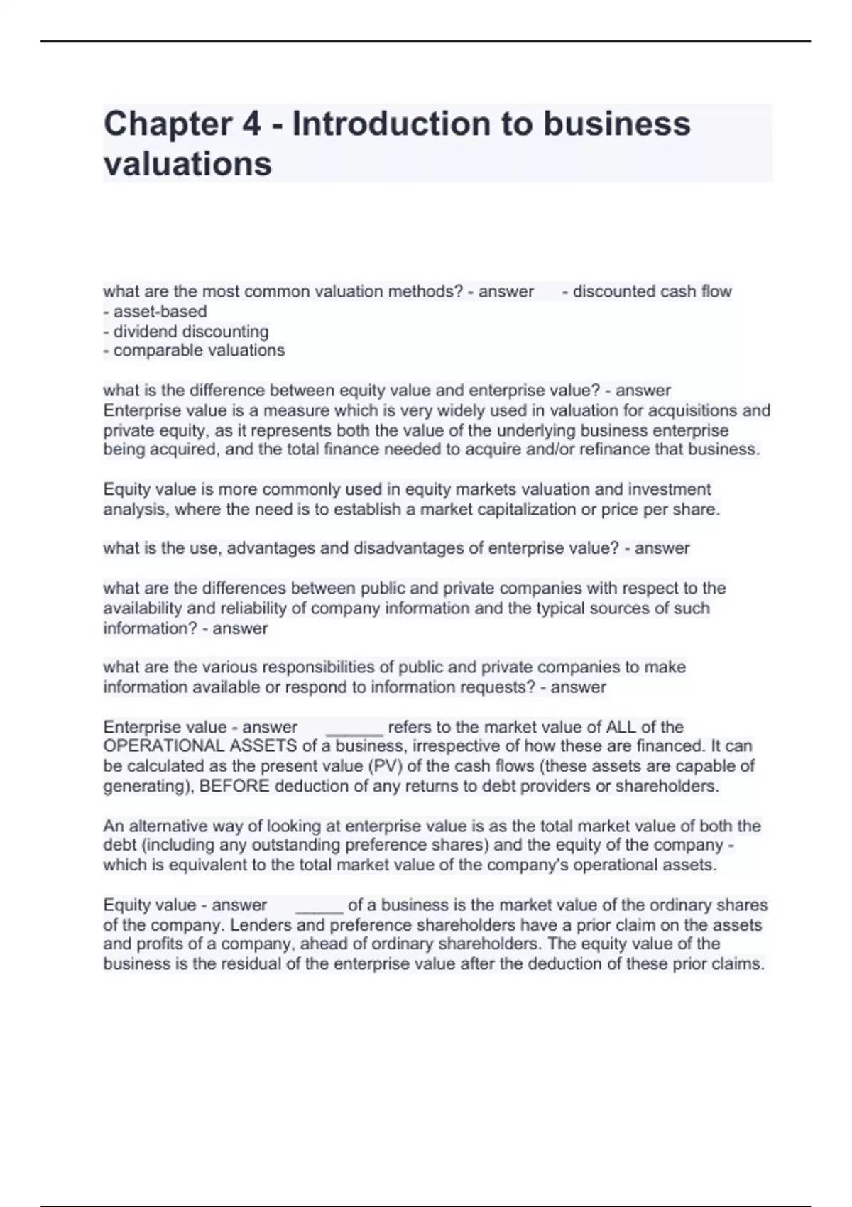 Chapter 4 - Introduction to business valuations Questions and Answers ...