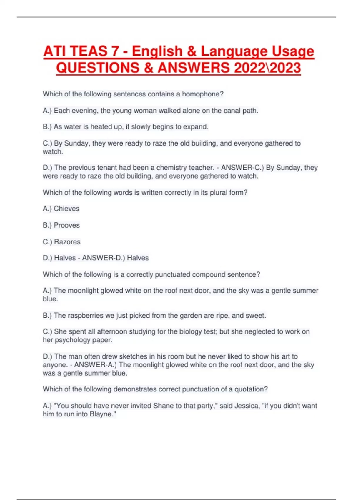 ATI TEAS 7 - English & Language Usage QUESTIONS & ANSWERS - ATI TEAS 7 ...