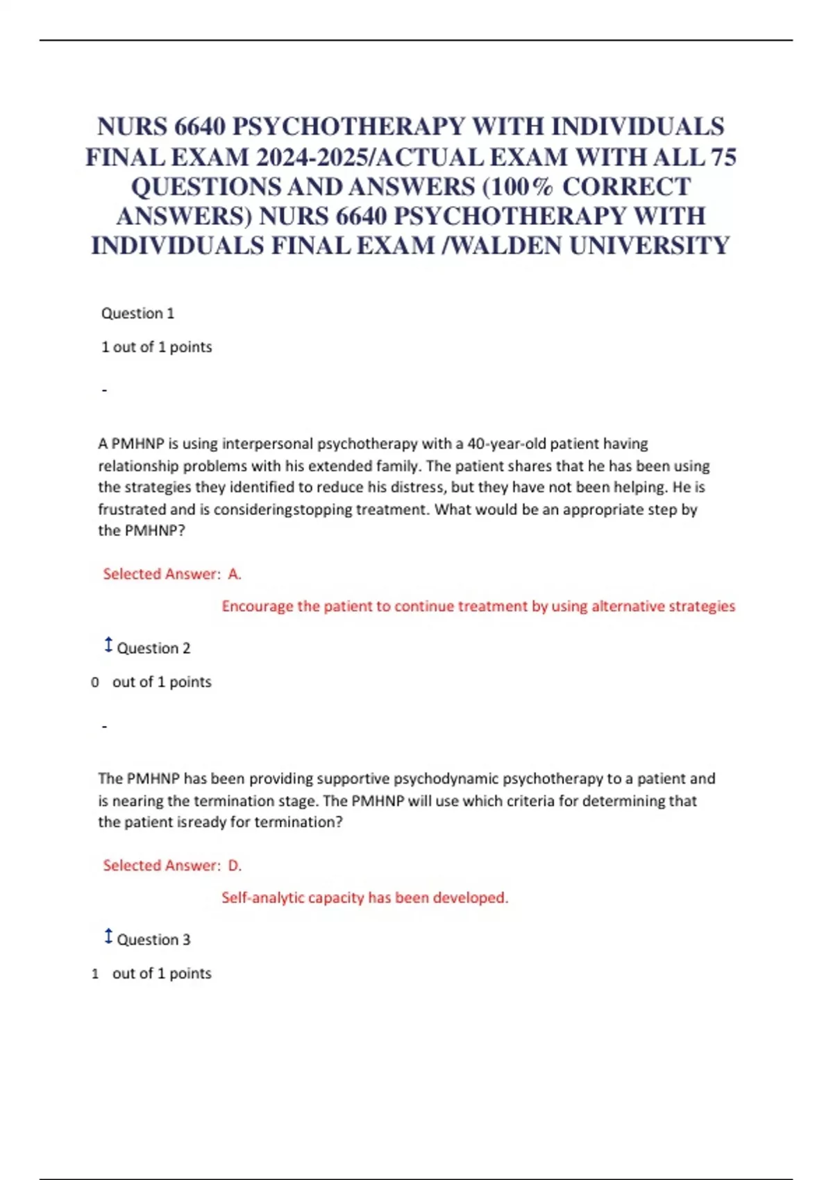 NURS 6640 PSYCHOTHERAPY WITH INDIVIDUALS FINAL EXAM /ACTUAL EXAM WITH ...