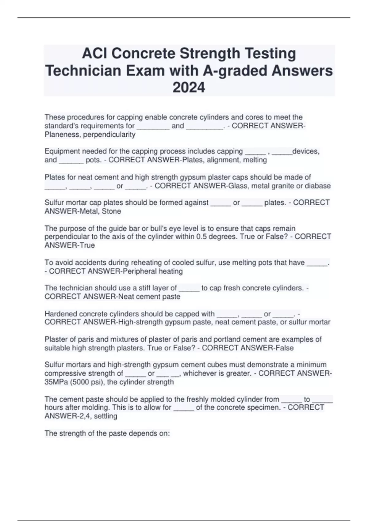 ACI Concrete Strength Testing Technician Exam with A-graded Answers ...