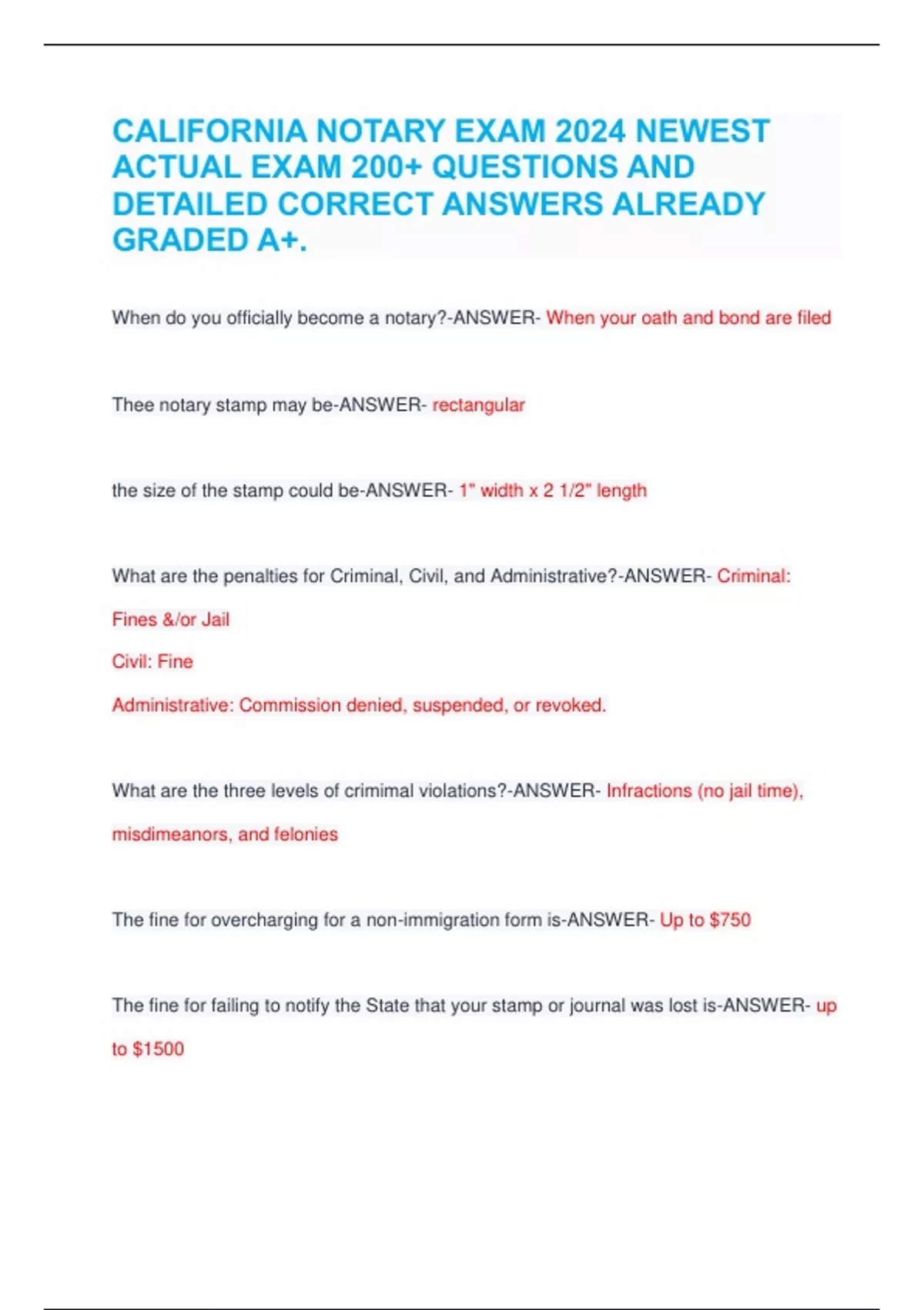 CALIFORNIA NOTARY EXAM 2024 NEWEST ACTUAL EXAM 200+ QUESTIONS AND ...