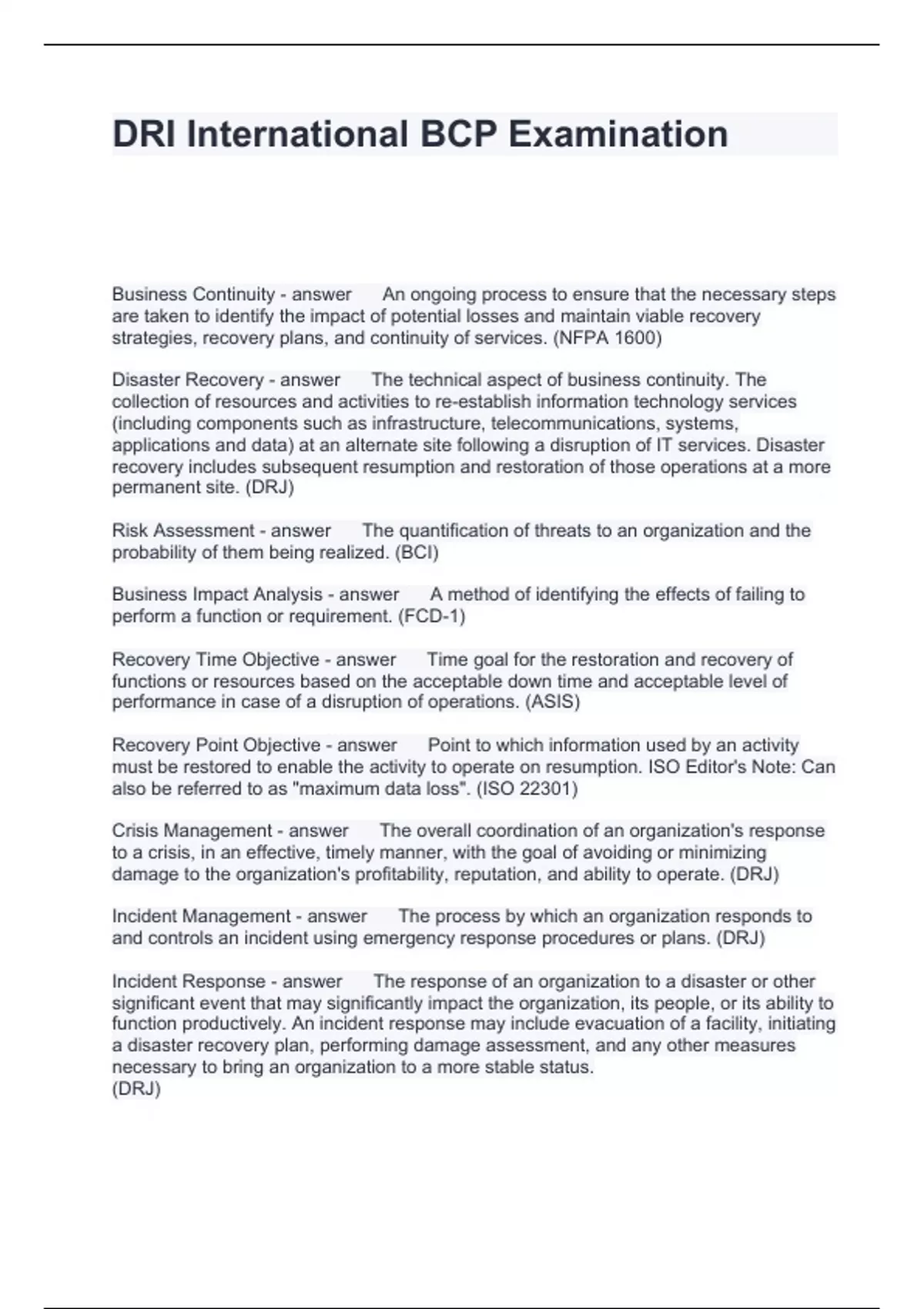 DRI International BCP Examination Questions with correct Answers 2024 ...