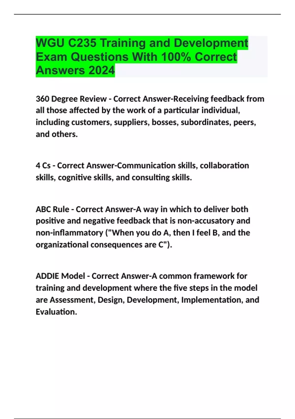 WGU C235 Training and Development Exam Questions With 100% Correct ...