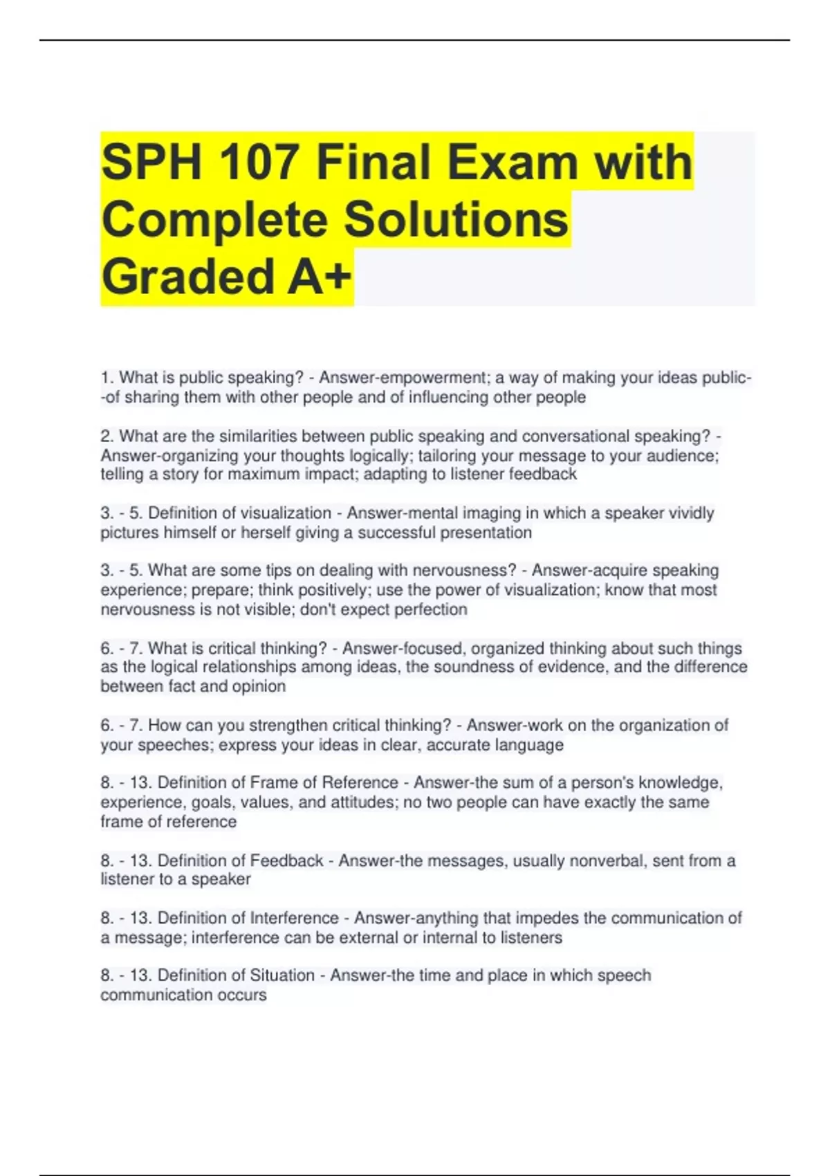 SPH 107 Final Exam with Complete Solutions Graded A+ - SPH 107 - Stuvia US