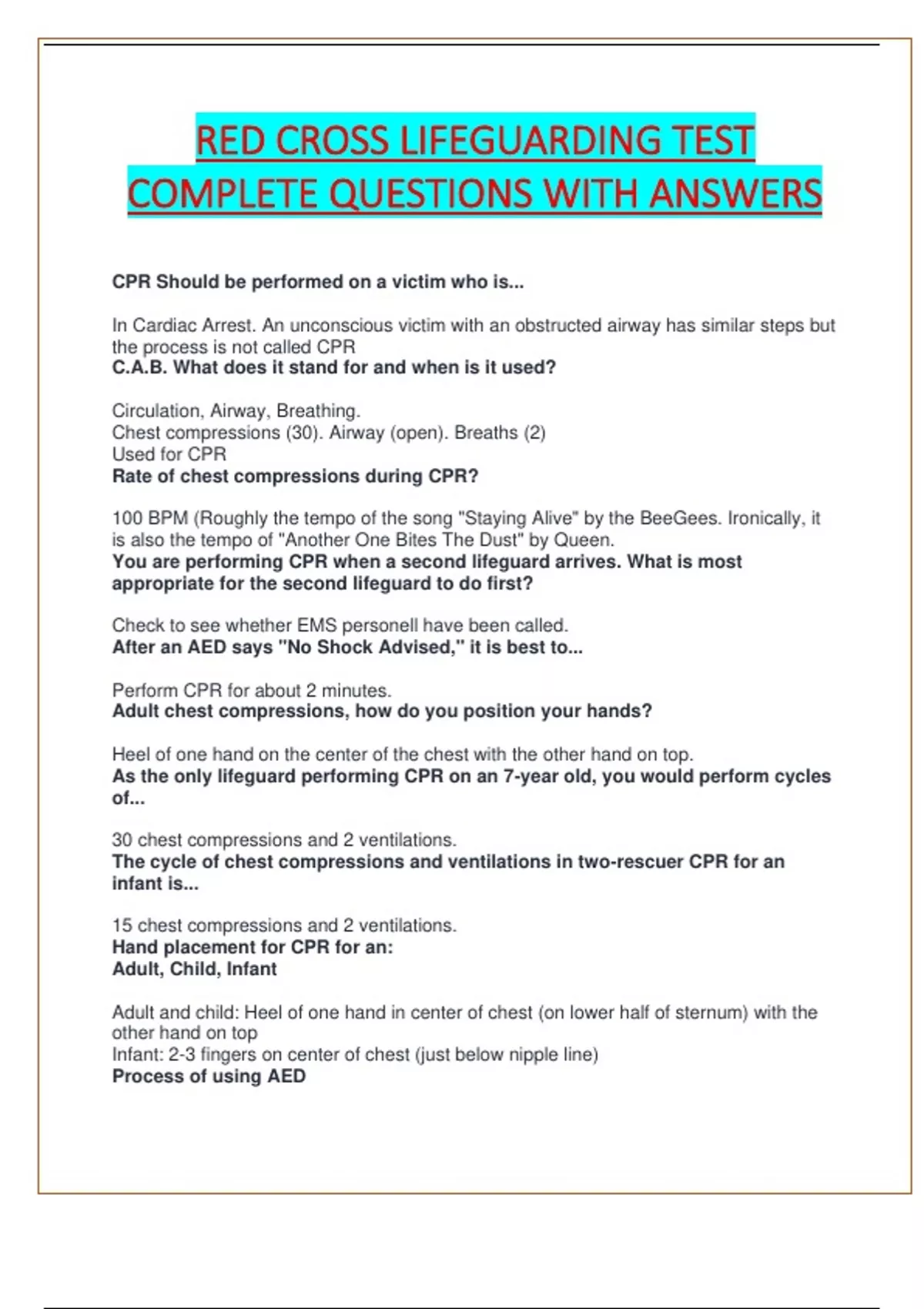 RED CROSS LIFEGUARDING TEST COMPLETE QUESTIONS WITH ANSWERS - Red Cross ...