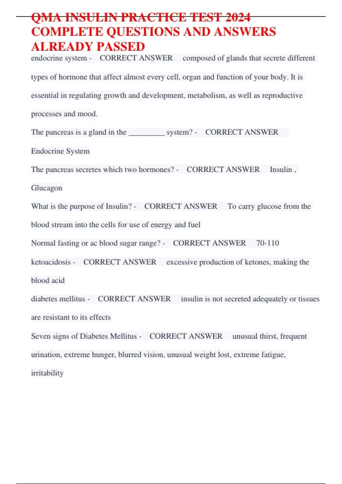 QMA INSULIN PRACTICE TEST 2024 COMPLETE QUESTIONS AND ANSWERS ALREADY ...