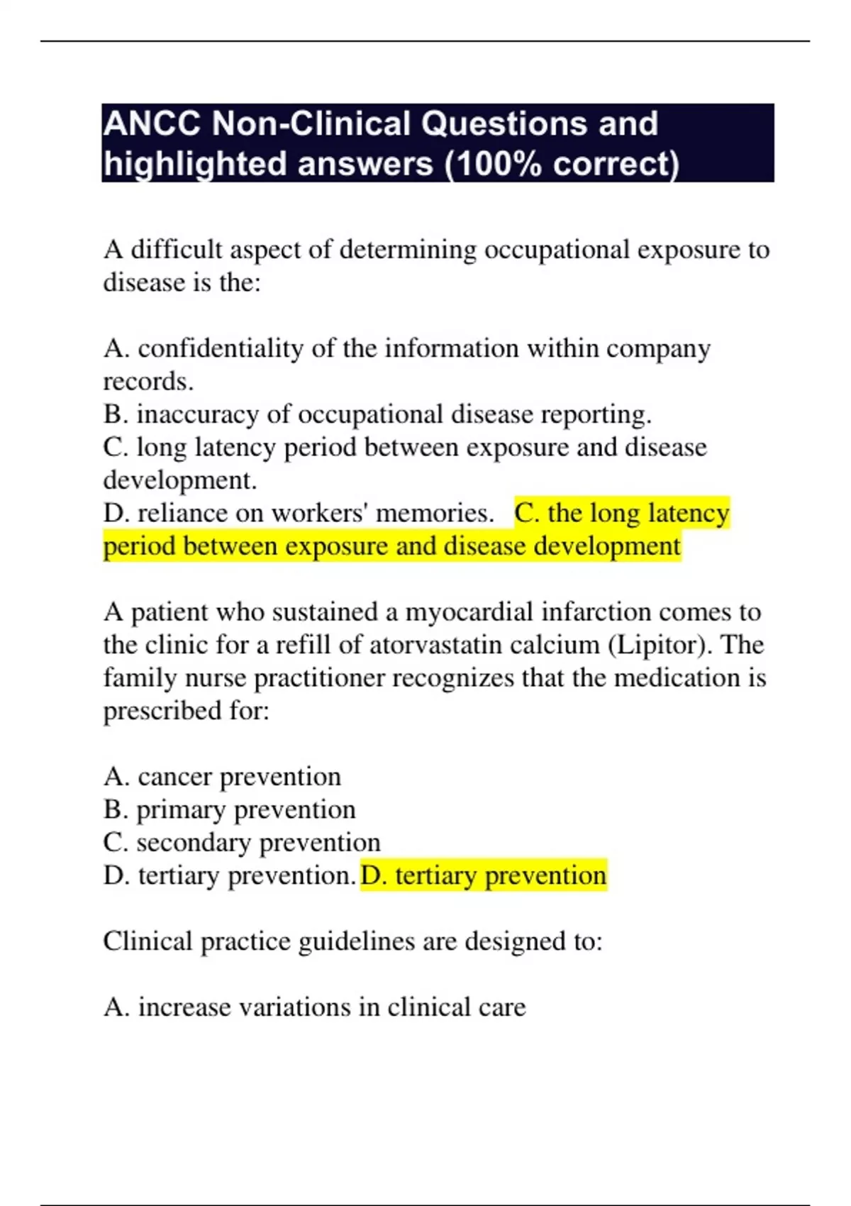 ANCC Non-Clinical Questions and highlighted answers (100% correct ...