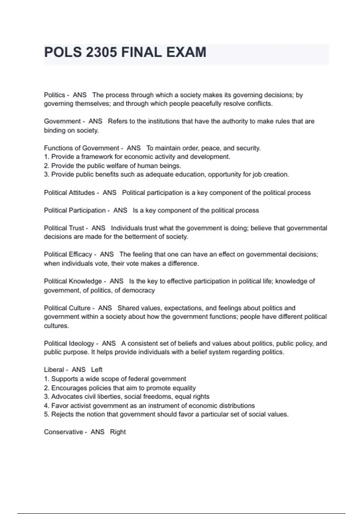 POLS 2305 FINAL EXAM QUESTIONS AND ANSWERS - POLS 2305 - Stuvia US
