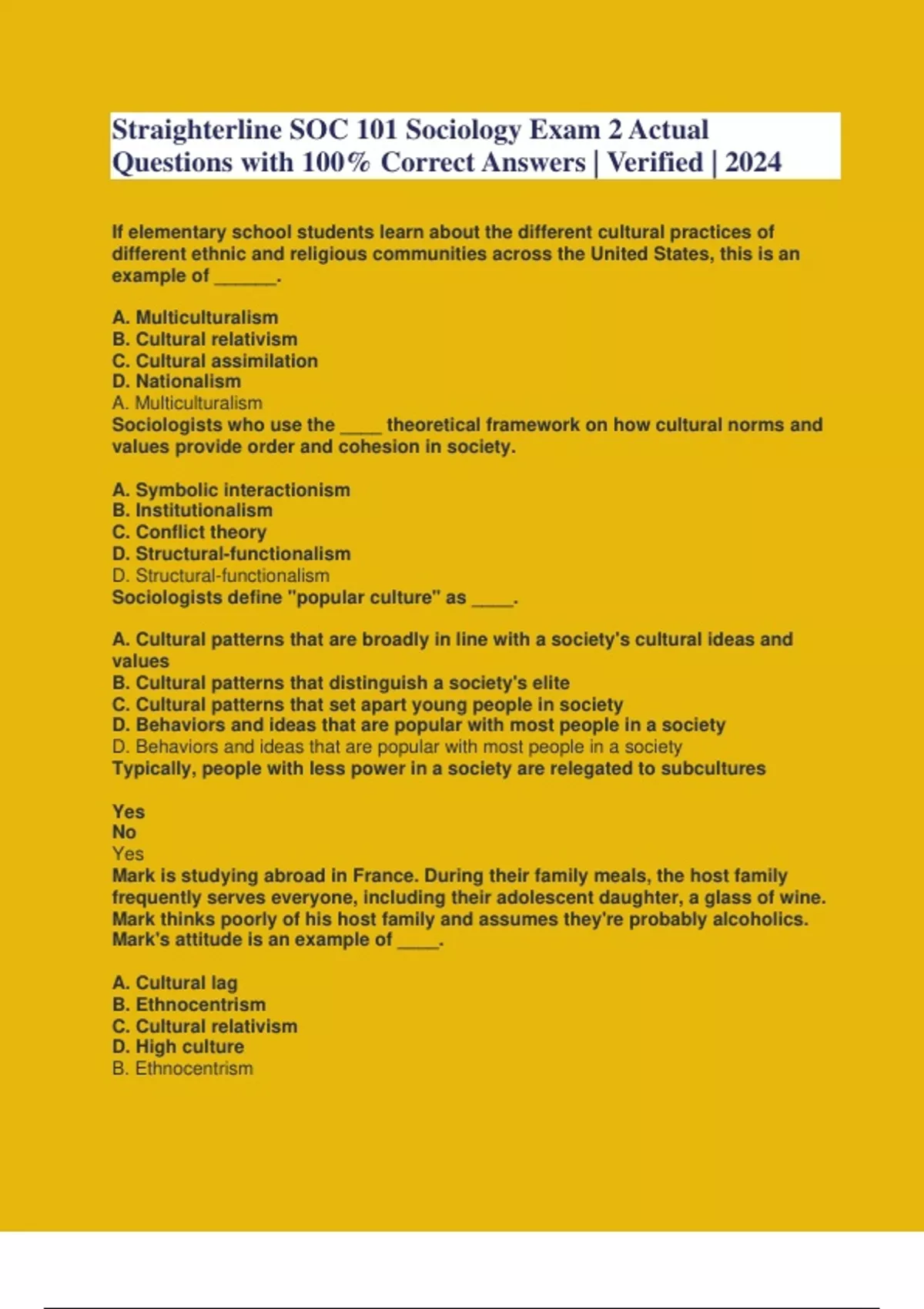 Straighterline SOC 101 Sociology Exam 2 Actual Questions with 100% Correct Answers | Verified ...