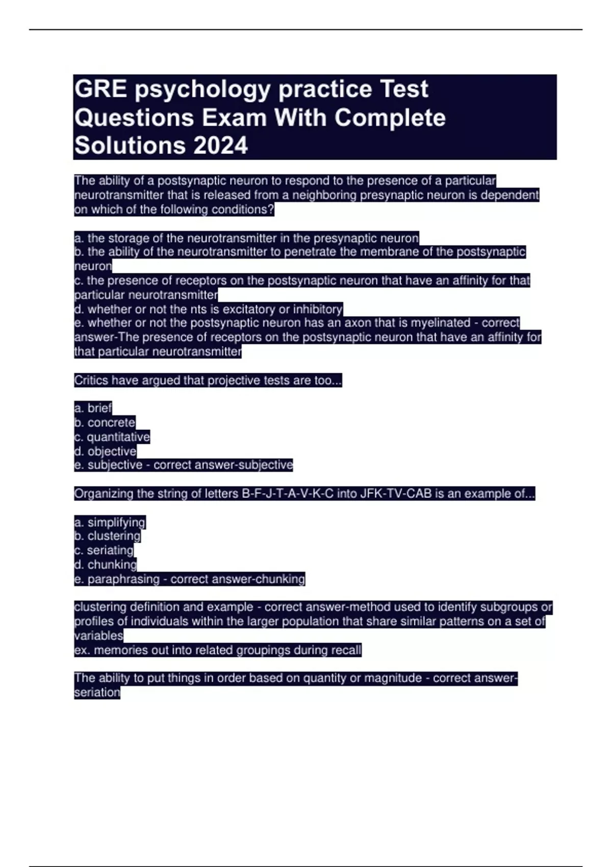 GRE psychology practice Test Questions Exam With Complete Solutions ...