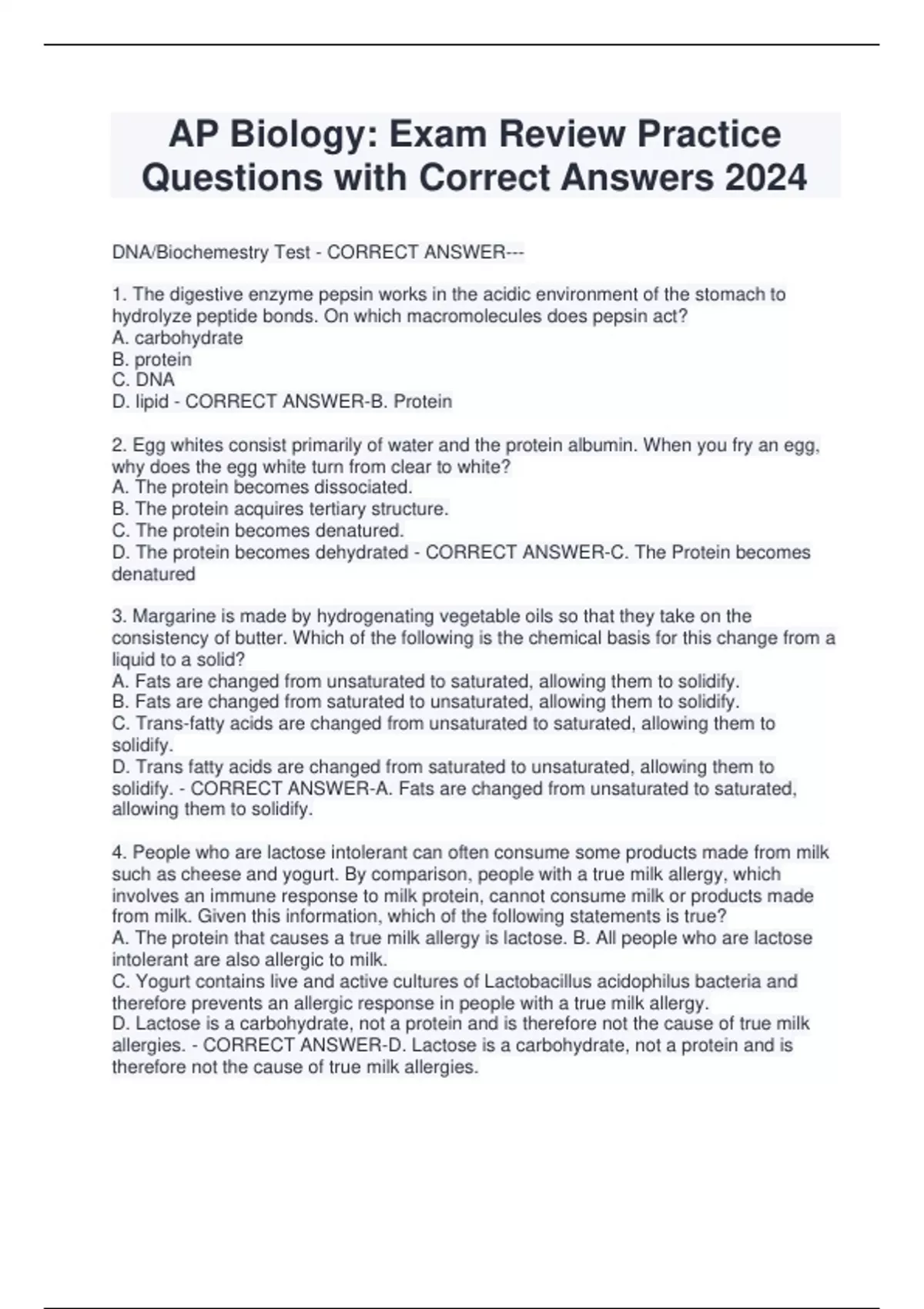 AP Biology: Exam Review Practice Questions with Correct Answers 2024 ...