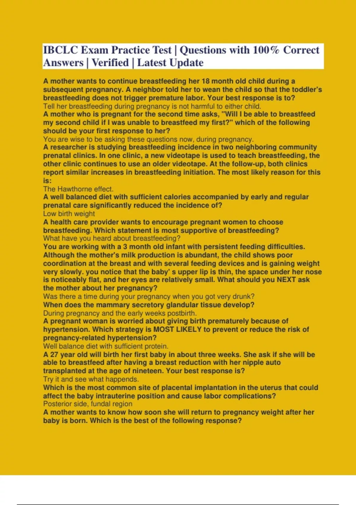 IBCLC Exam Practice Test | Questions with 100% Correct Answers ...