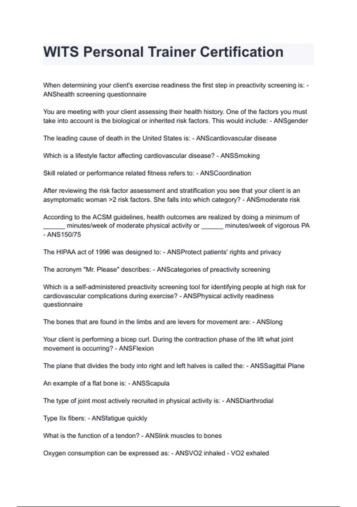 WITS Personal Trainer Certification questions and answers graded A+ by ...