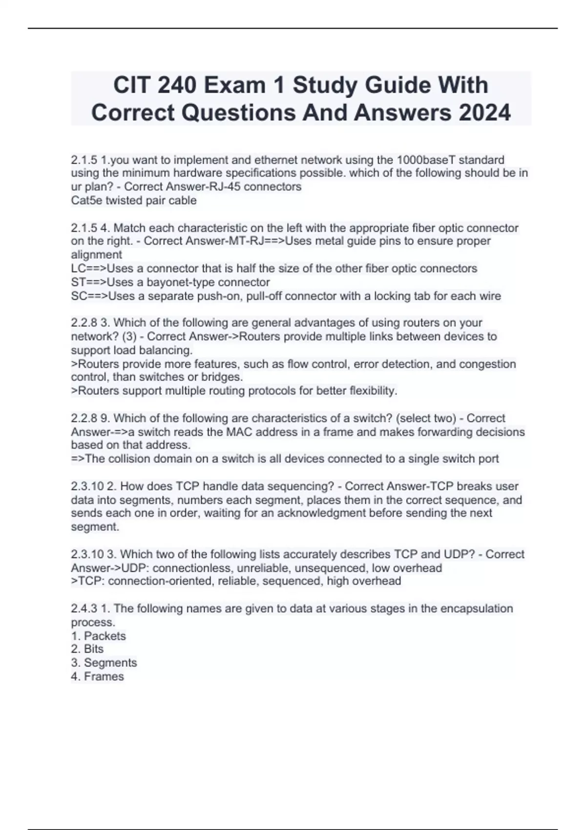 CIT 240 Exam 1 Study Guide With Correct Questions And Answers 2024 - CIT 240 - Stuvia US
