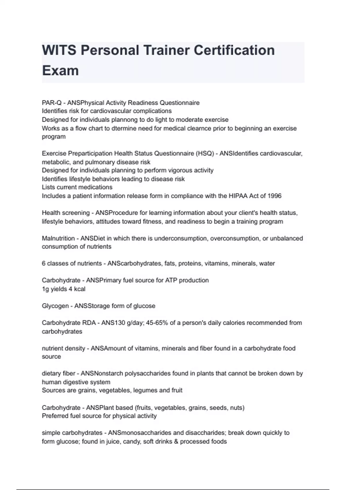 WITS Personal Trainer Certification Exam questions and answers graded ...