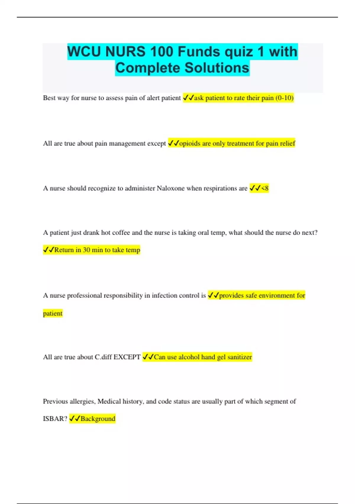 WCU NURS 100 Funds quiz 1 with Complete Solutions - WCU NURS 100 ...