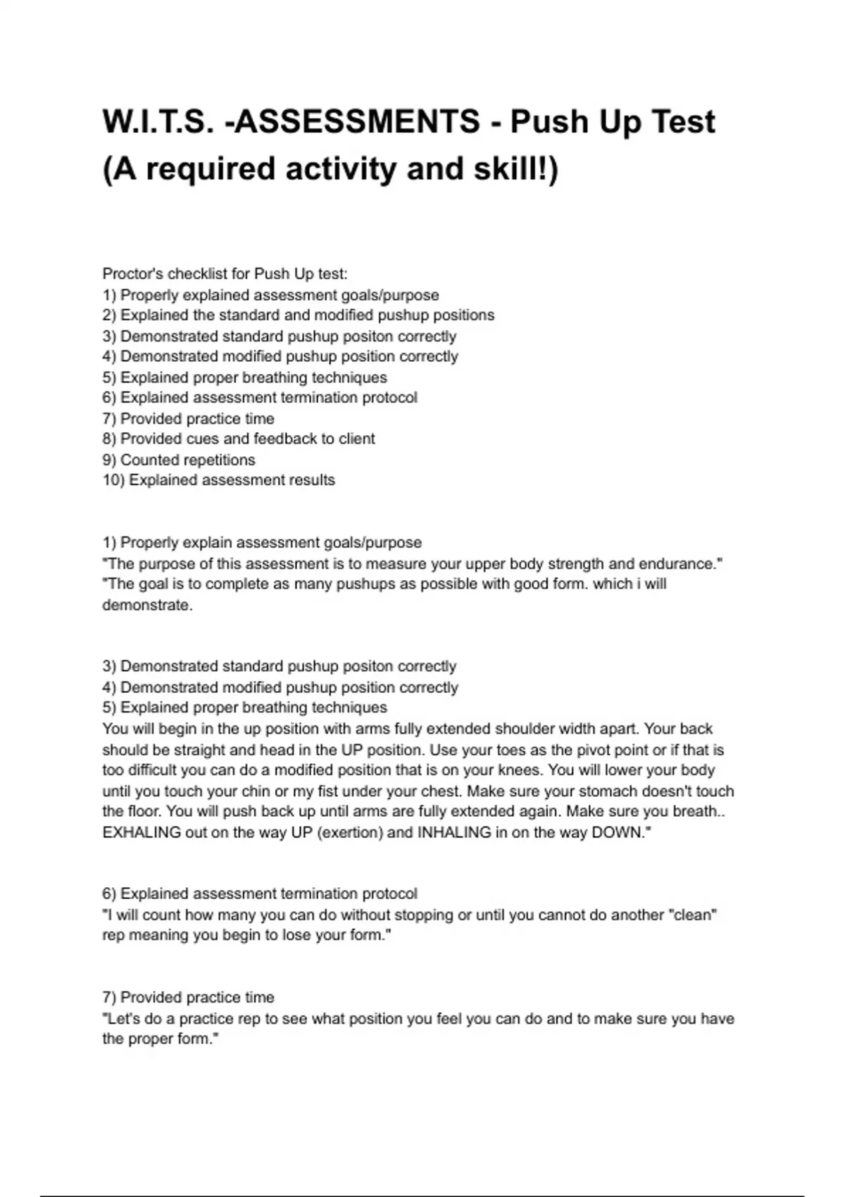 W.I.T.S. -ASSESSMENTS - Push Up Test (A required activity and skill ...