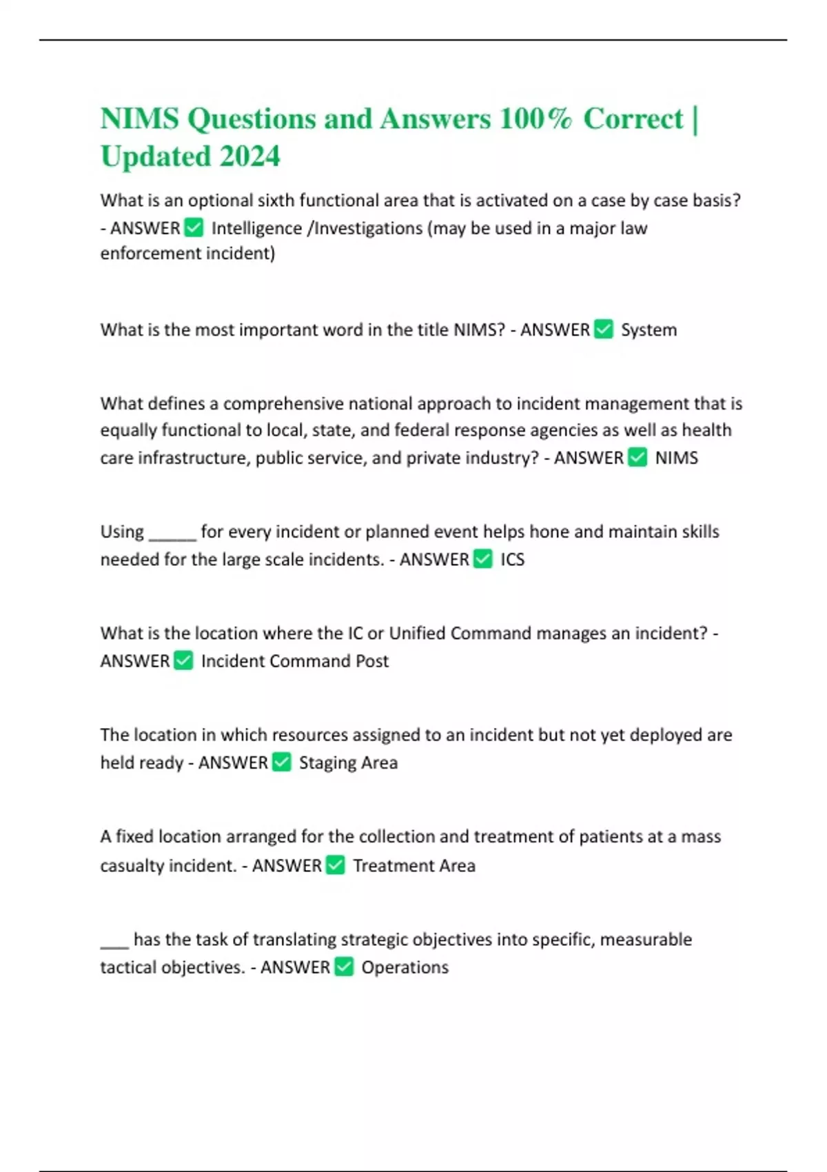 NIMS Questions and Answers 100% Correct | Updated 2024 - NIMS - Stuvia US