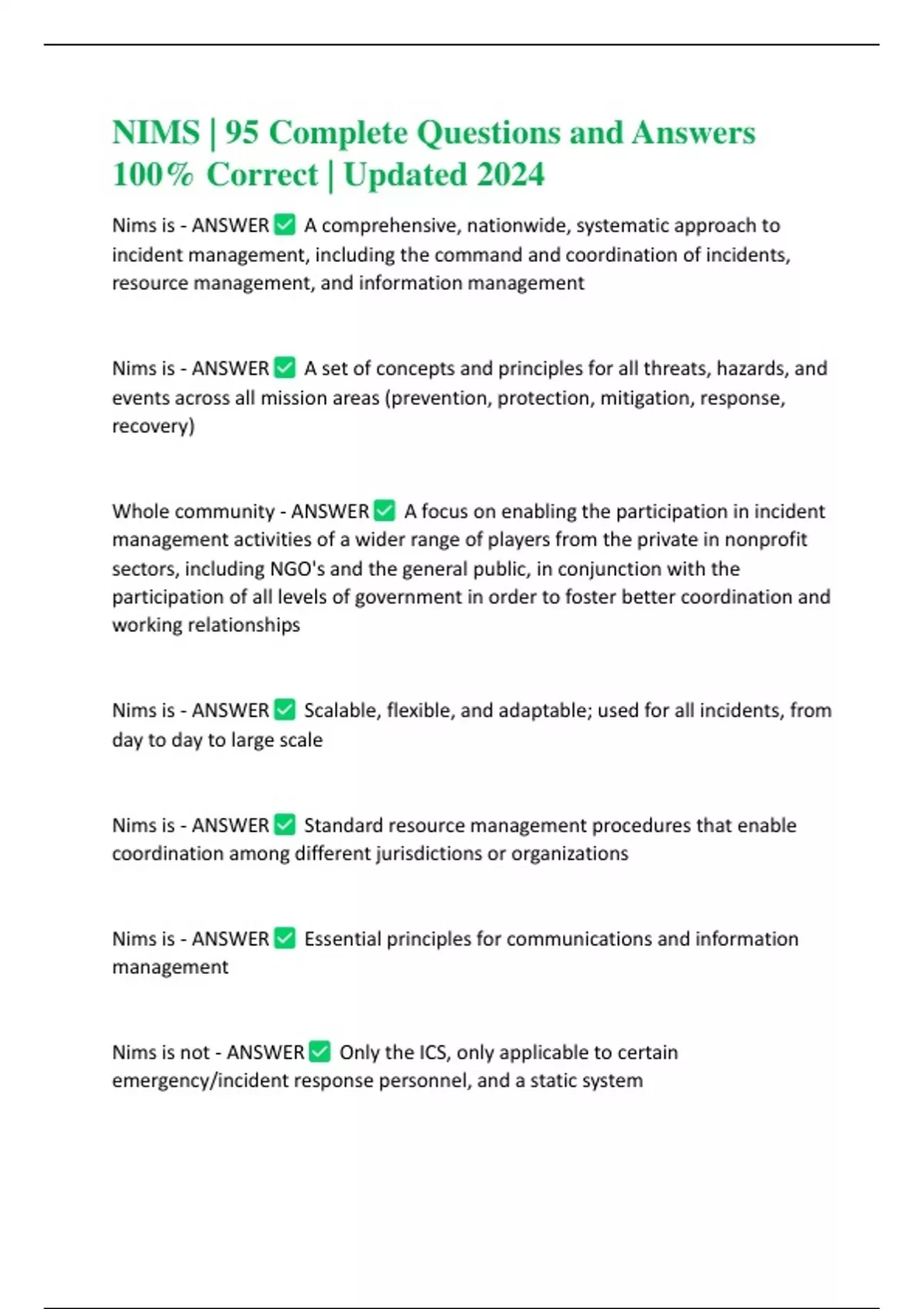 NIMS | 95 Complete Questions and Answers 100% Correct | Updated 2024 ...