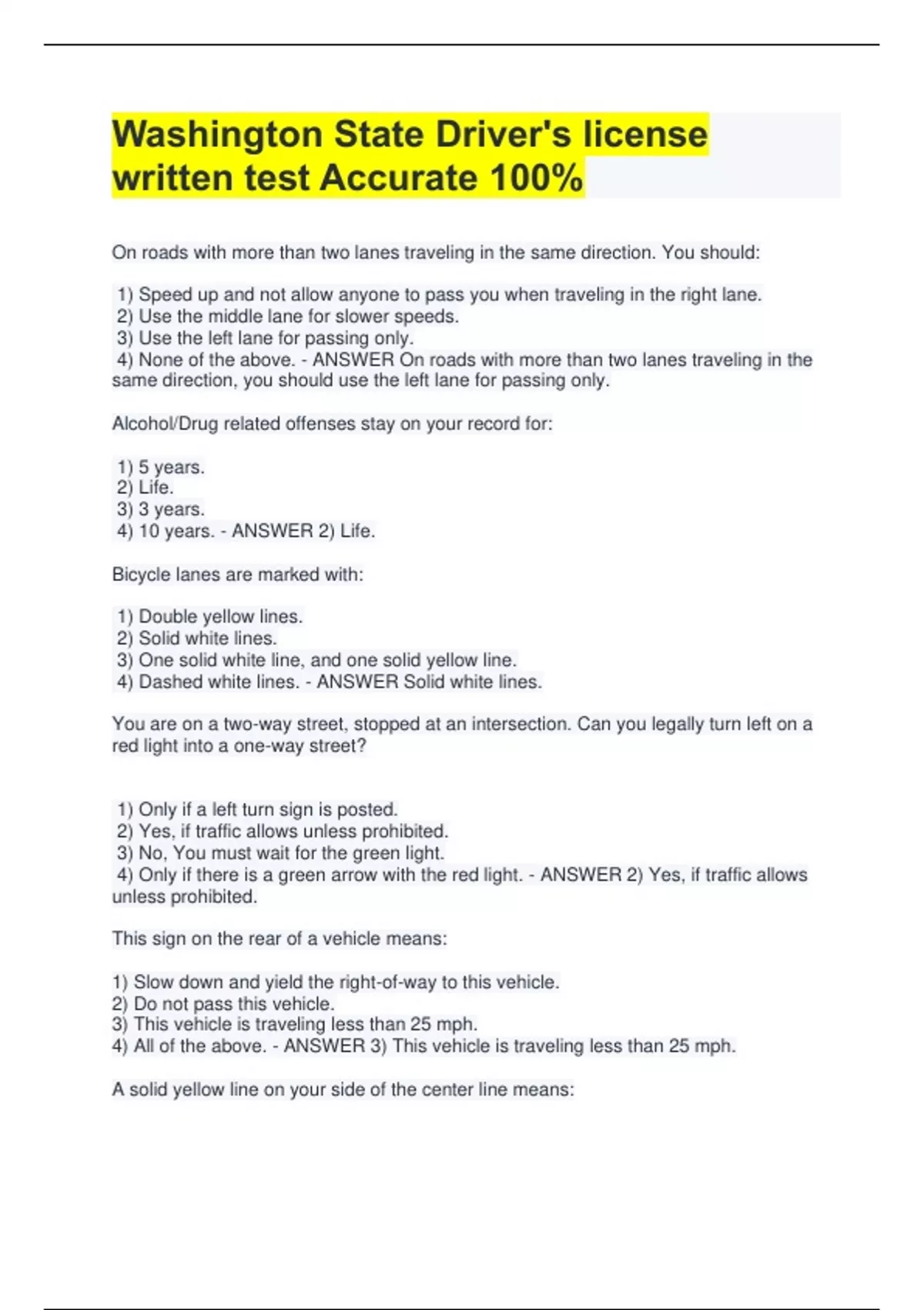 Washington State Driver's license written test Accurate 100% ...